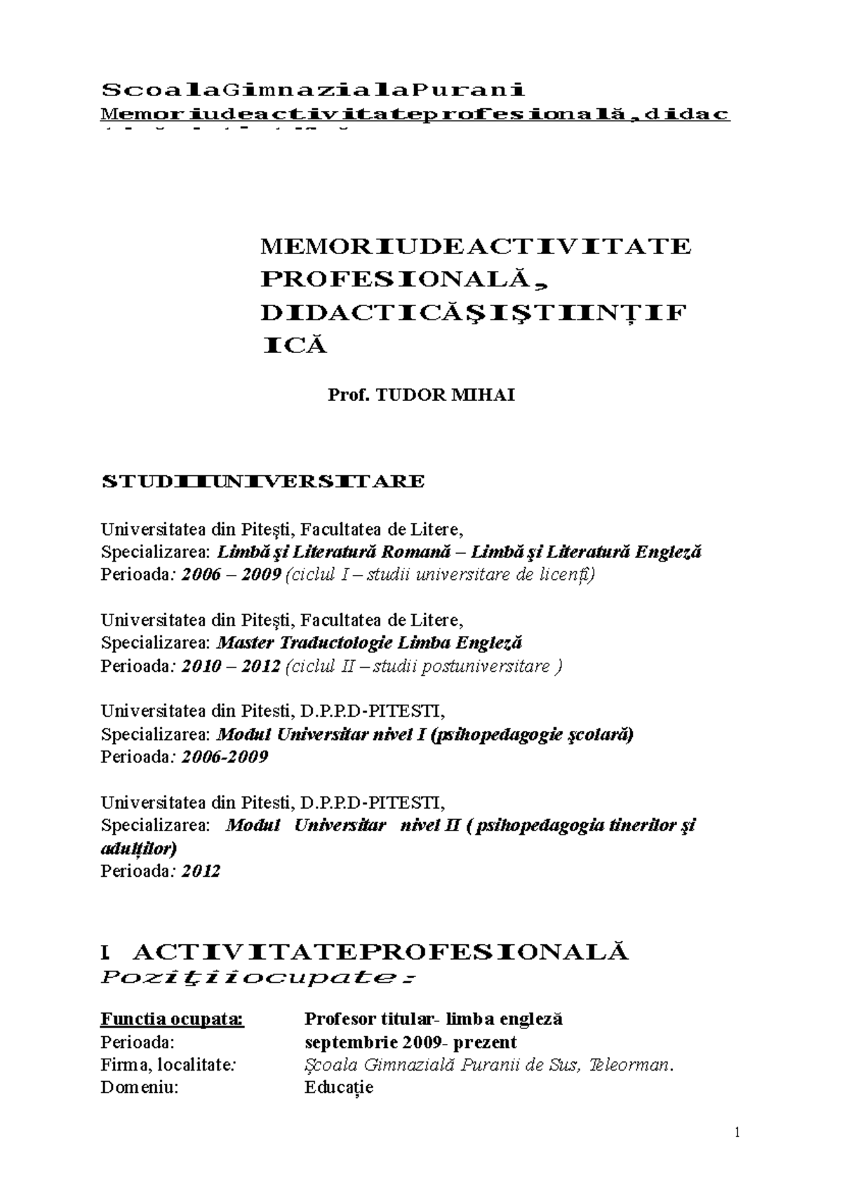 Model Memoriu de Activitate Profesională - Limba Engleză - Studocu