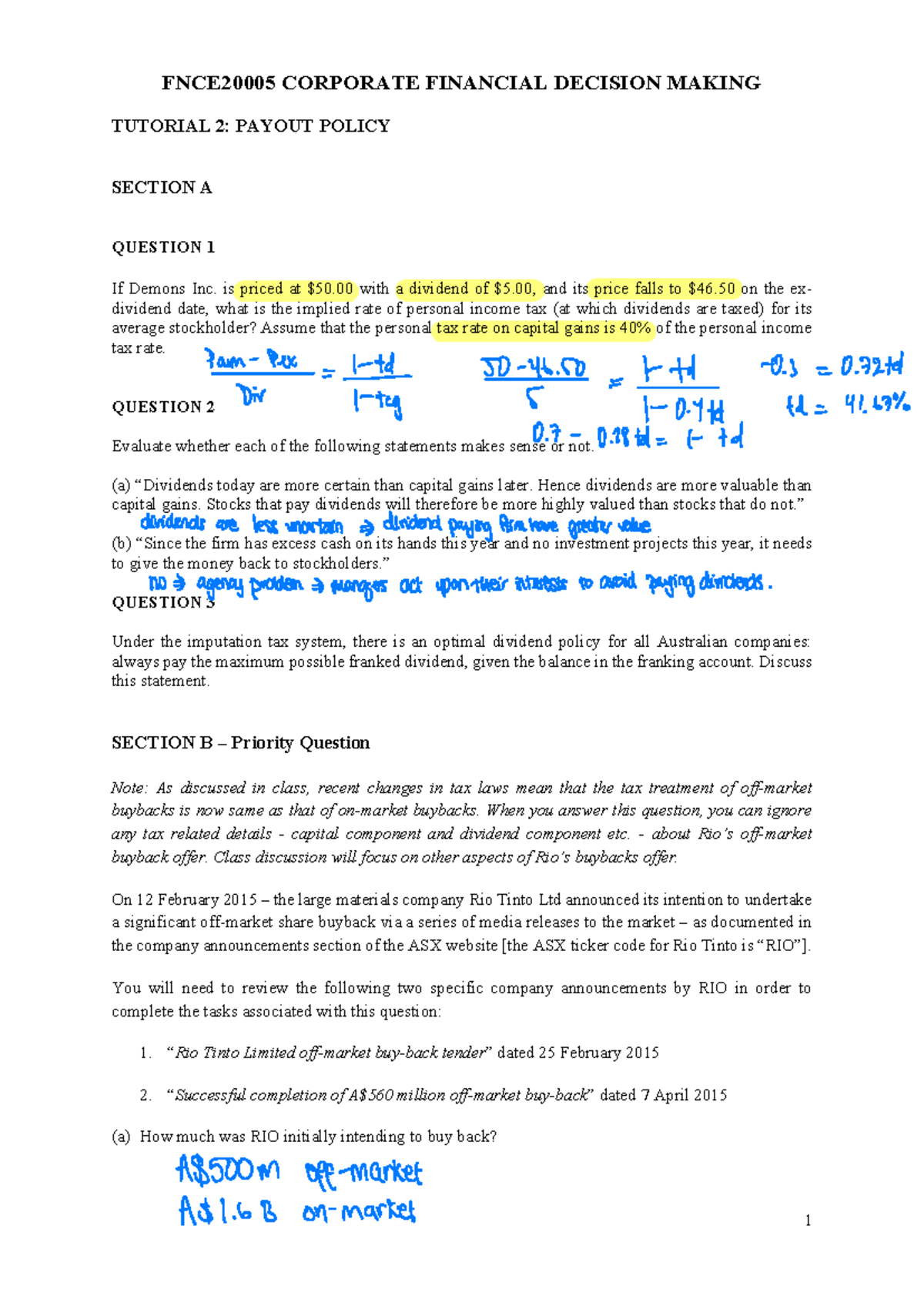 CORPORATE FINANCIAL DECISION MAKING TUTORIAL 2: PAYOUT POLICY ANALYSIS ...