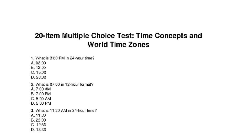 Time Concepts MCQ Test: Understanding Time Zones and Formats - Studocu
