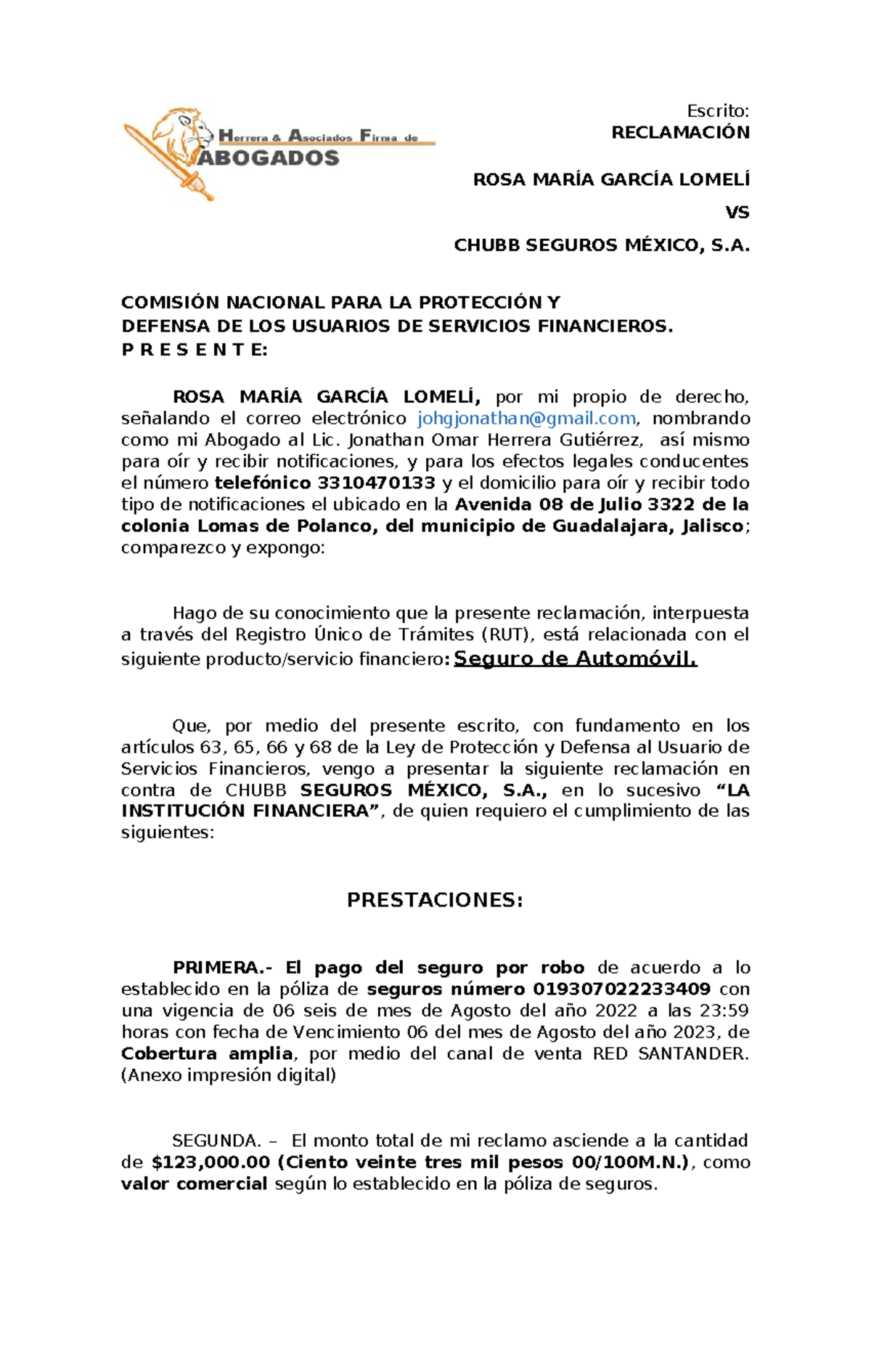 Reclamación de Rosa María García Lomelí vs Chubb Seguros México - Studocu