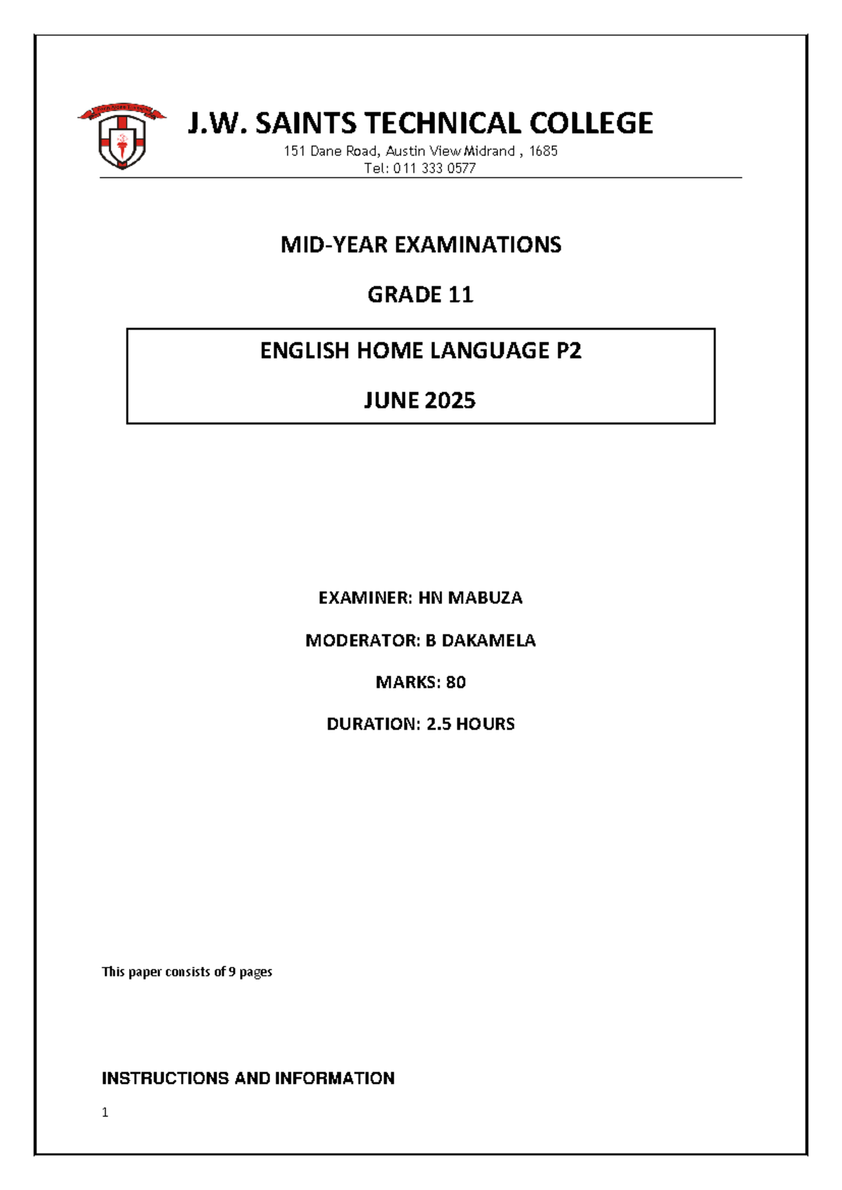 Grade 11 English Home Language P2 June 2025 Exam Paper - Studocu