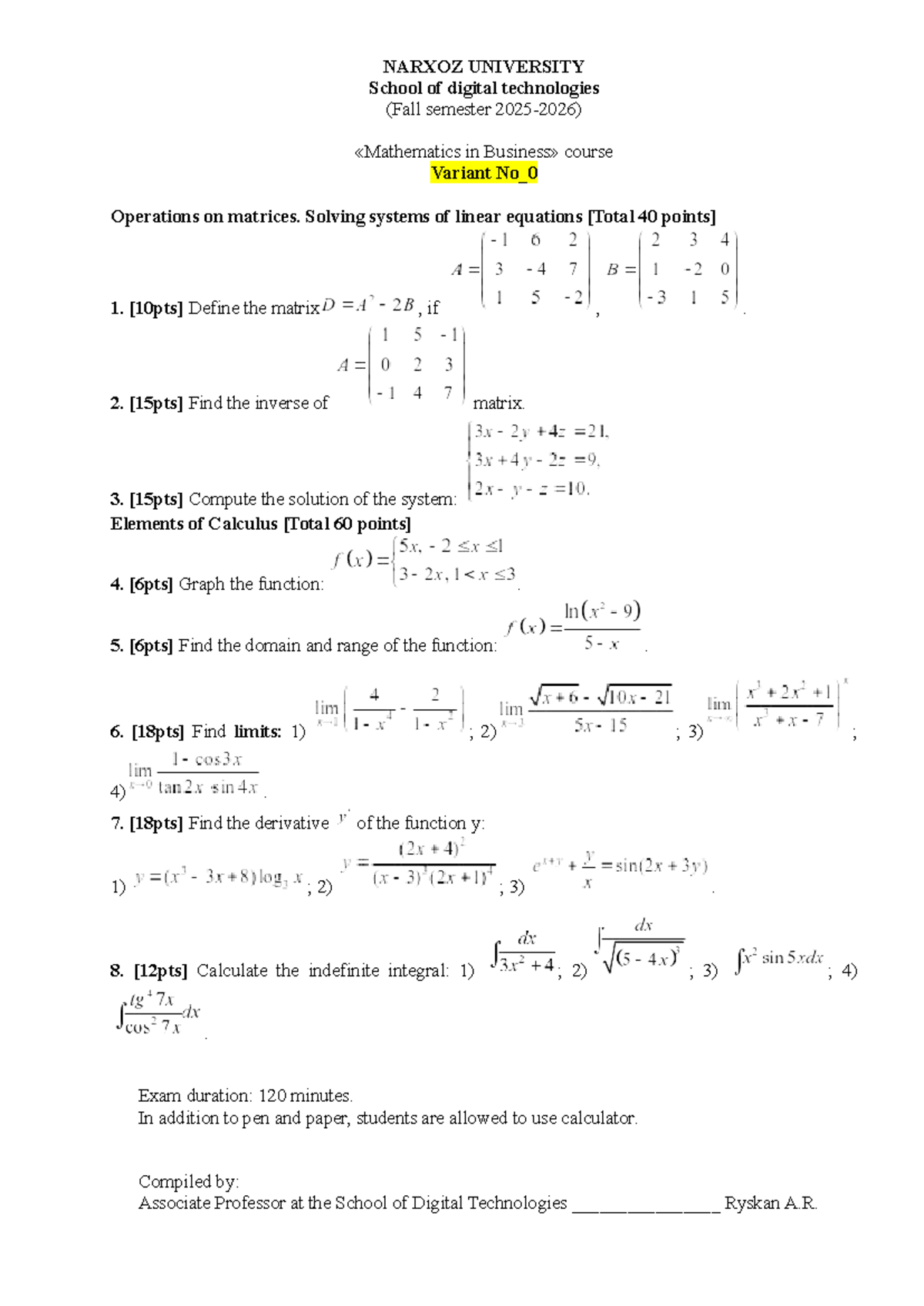 Exam V-0: Mathematics in Business (Fall 2025-2026) - Studocu