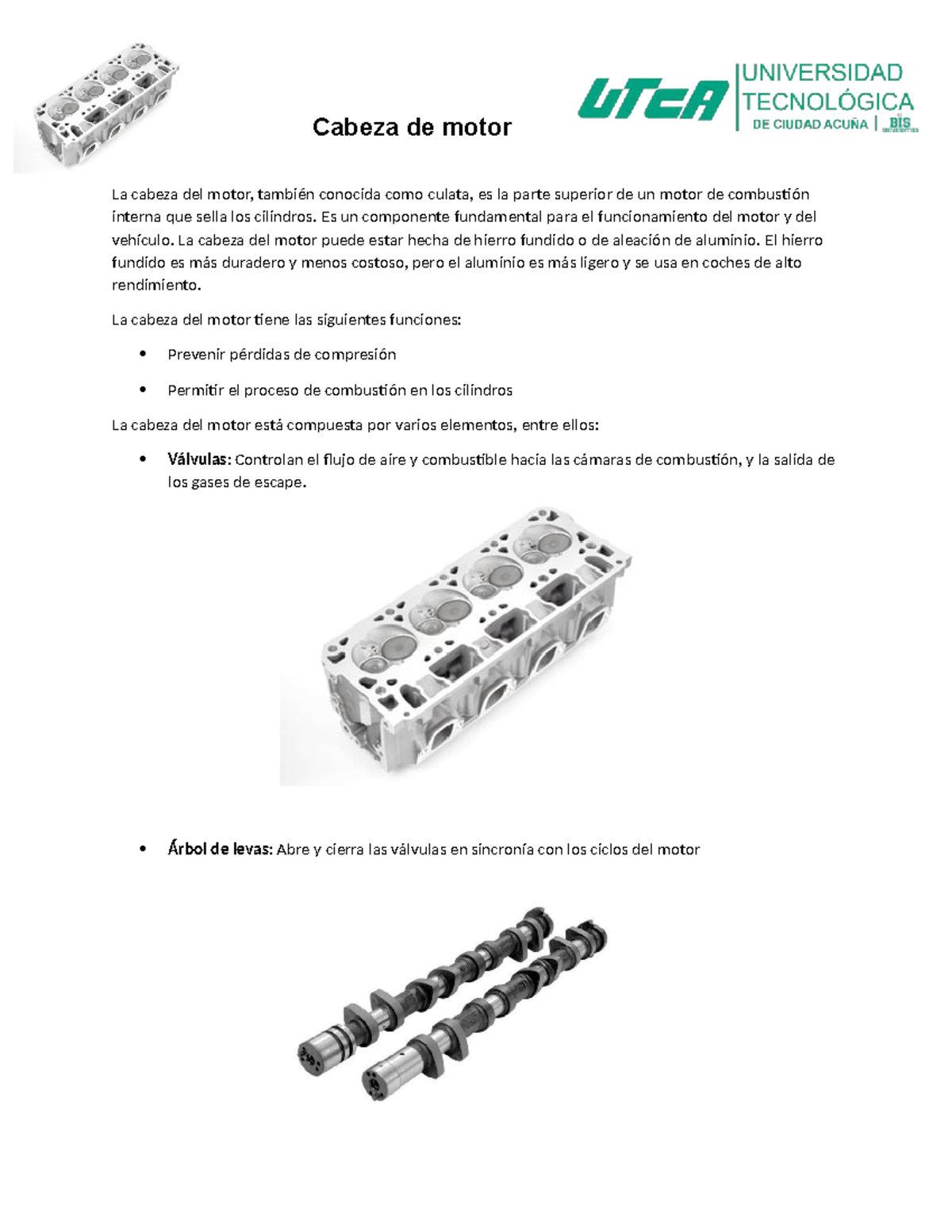 Cabeza de Motor: Funciones y Componentes Esenciales del Motor - Studocu