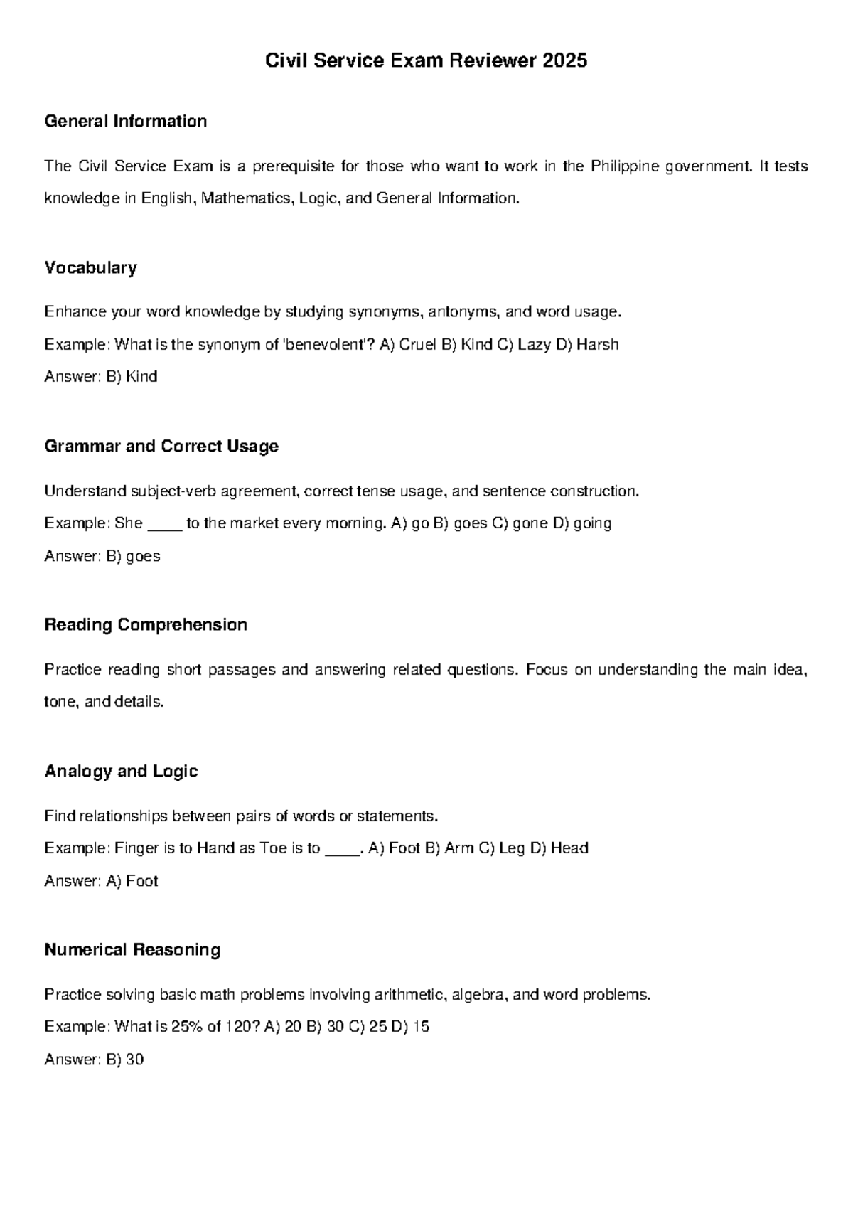 CSE 2025 Civil Service Exam Reviewer: Key Concepts & Practice - Studocu