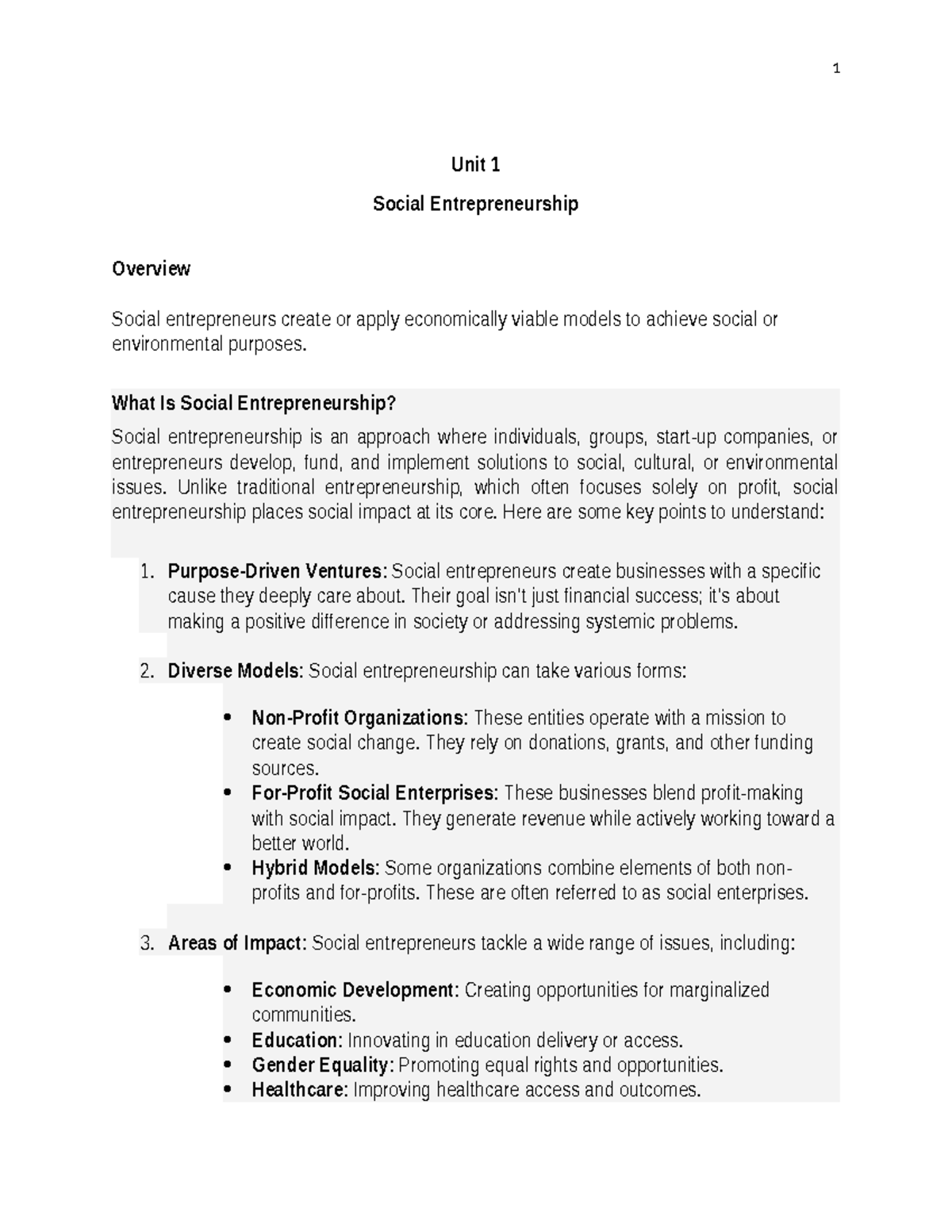 Unit 1: Introduction to Social Entrepreneurship Concepts and Models ...