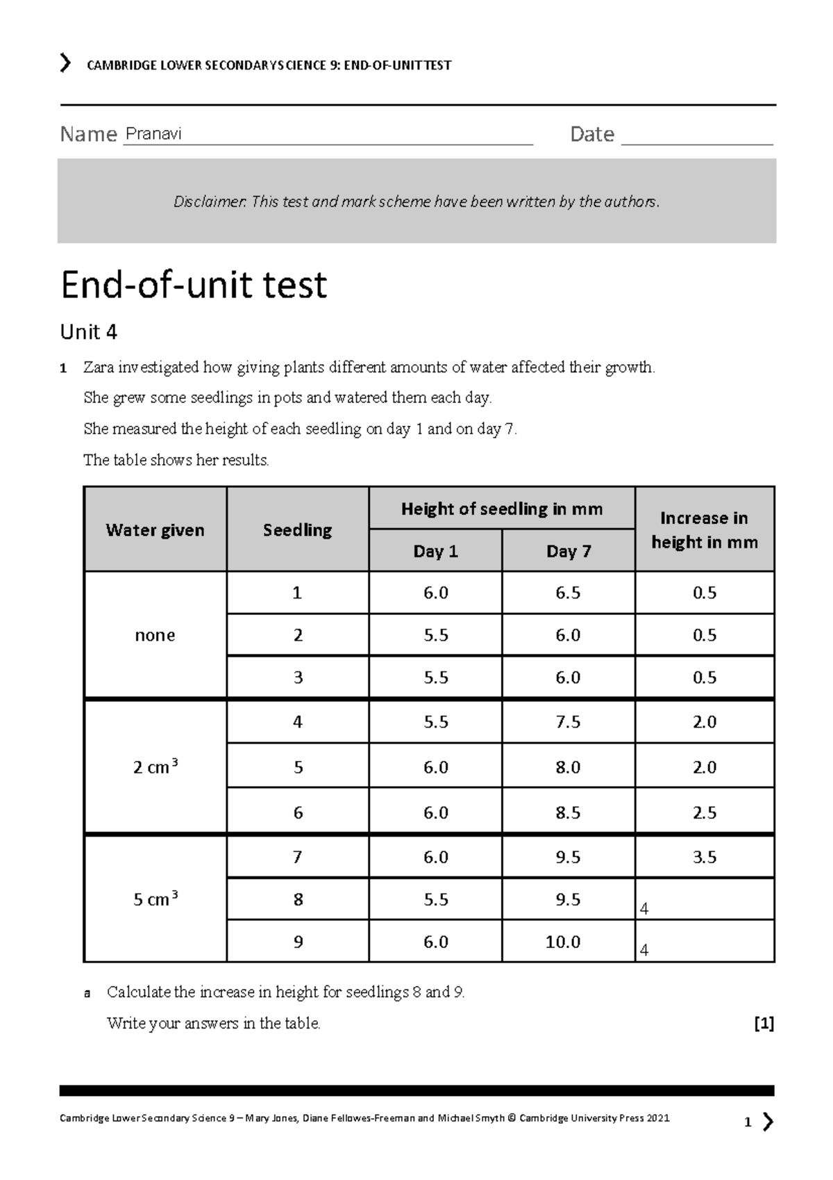 Cambridge Lower Secondary Science 9: Unit 4 End-of-Unit Test - Studocu