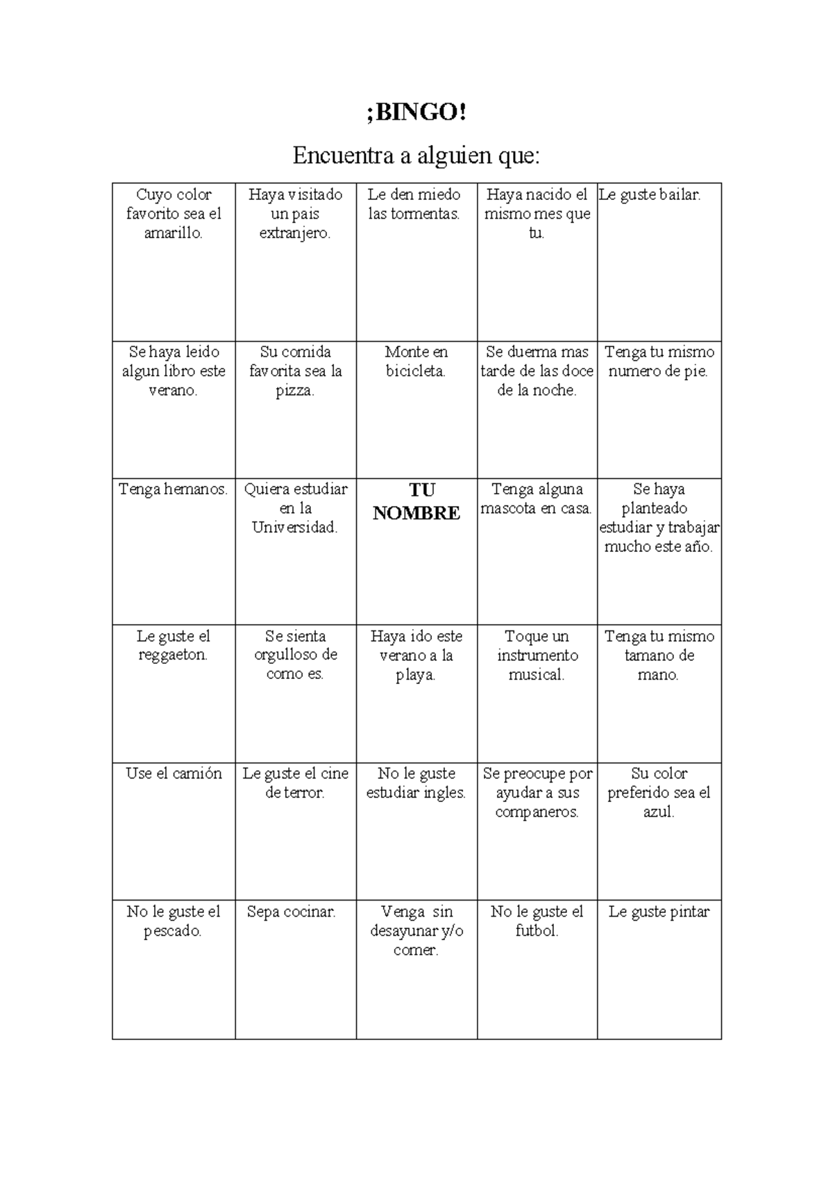 Bingo: Encuentra a Alguien Que... (Dinámica de Presentación) - Studocu