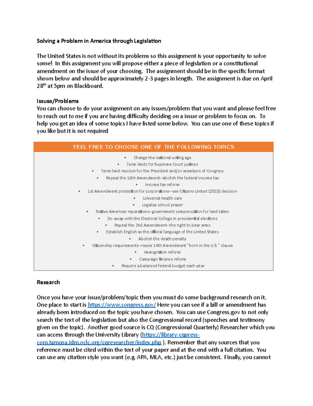 Proposing Legislative Solutions to U.S. Issues - Assignment Guide - Studocu