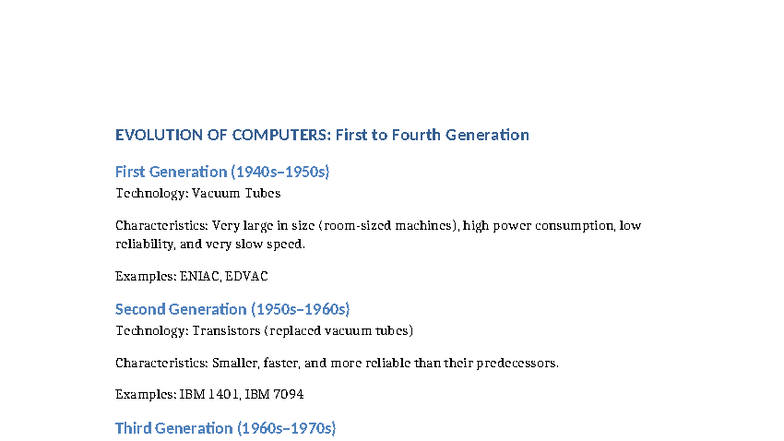 EVOLUTION OF COMPUTERS: From First to Fourth Gen Tech - Studocu