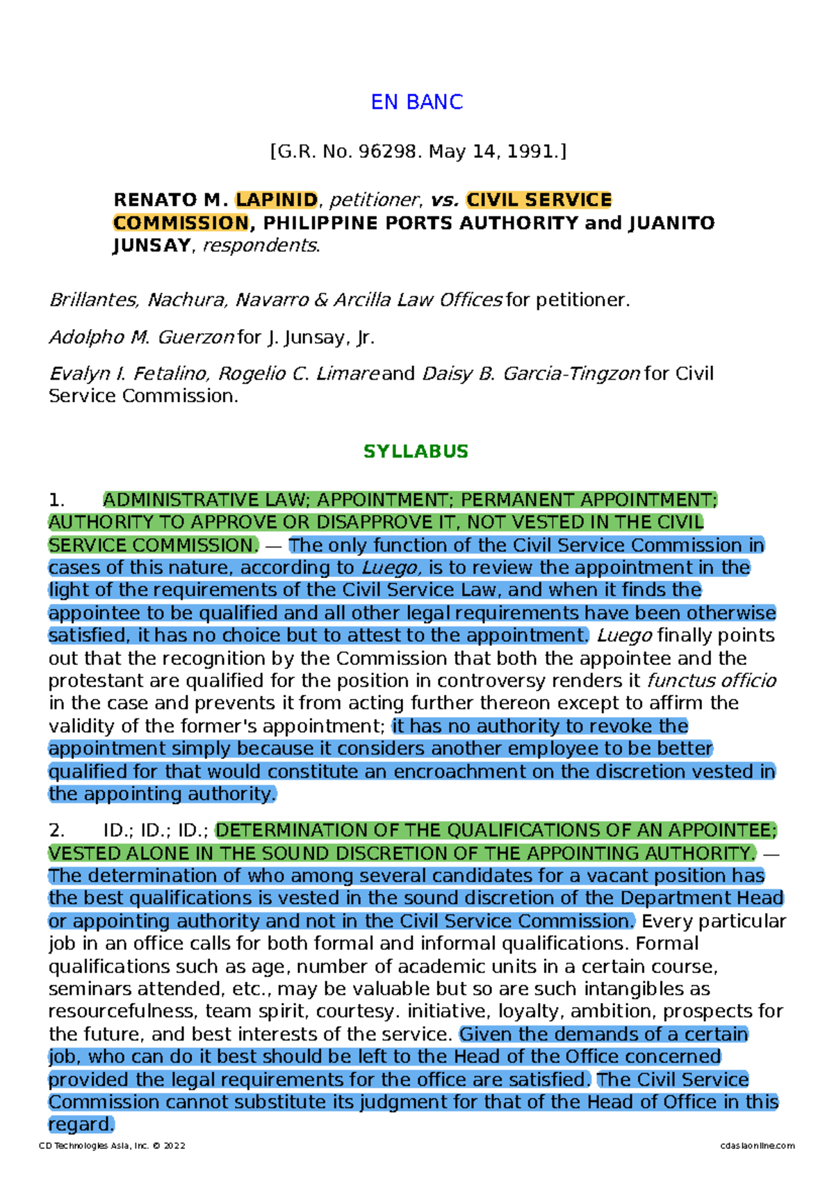 G.R. No. 96298 - Lapinid v. CSC: Analysis of Permanent Appointment ...
