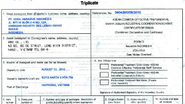 ASEAN Common Effective Preferential Tariff Certificate - CO Form D ...