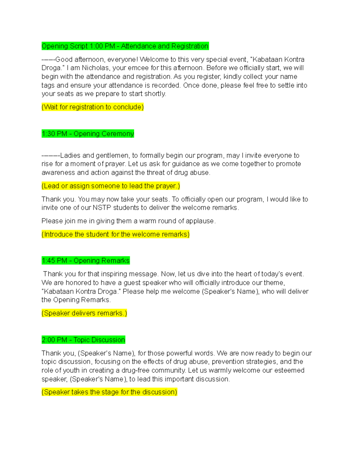 NSTP Program Flow Opening Script for 'Kabataan Kontra Droga' Event ...