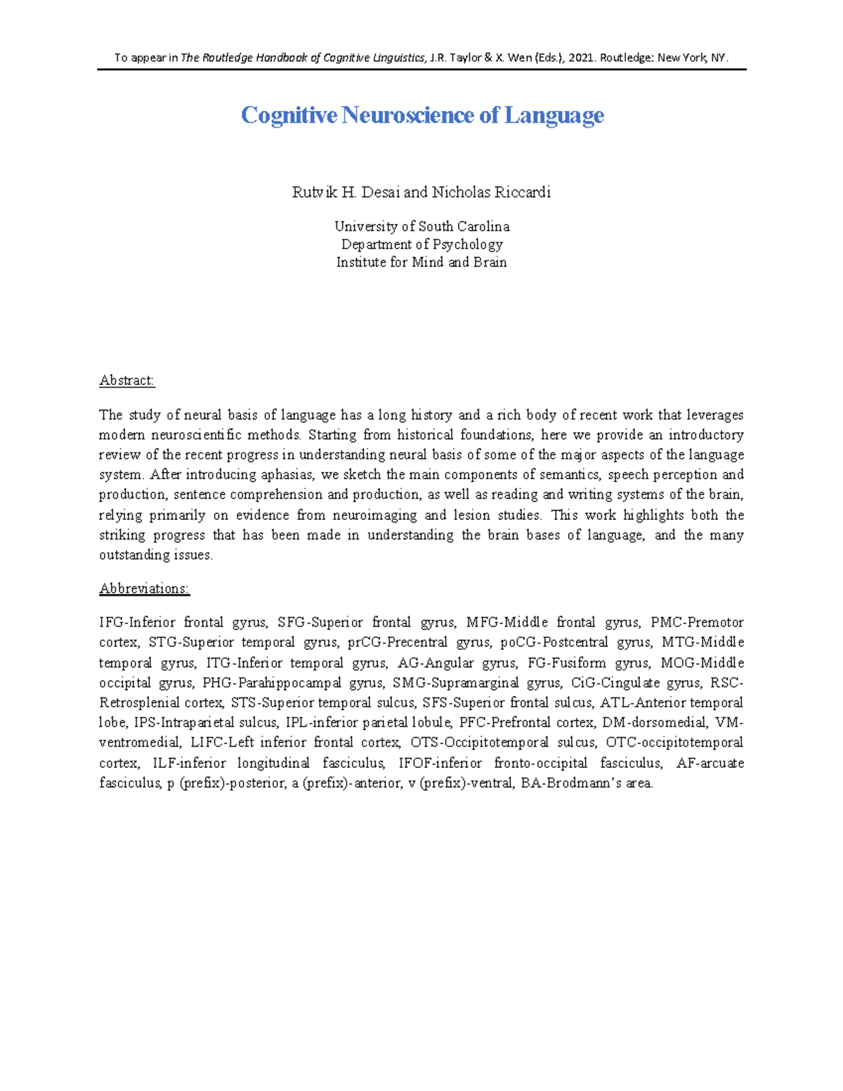 Cognitive Neuroscience of Language: Chapter Insights (Desai) - Studocu