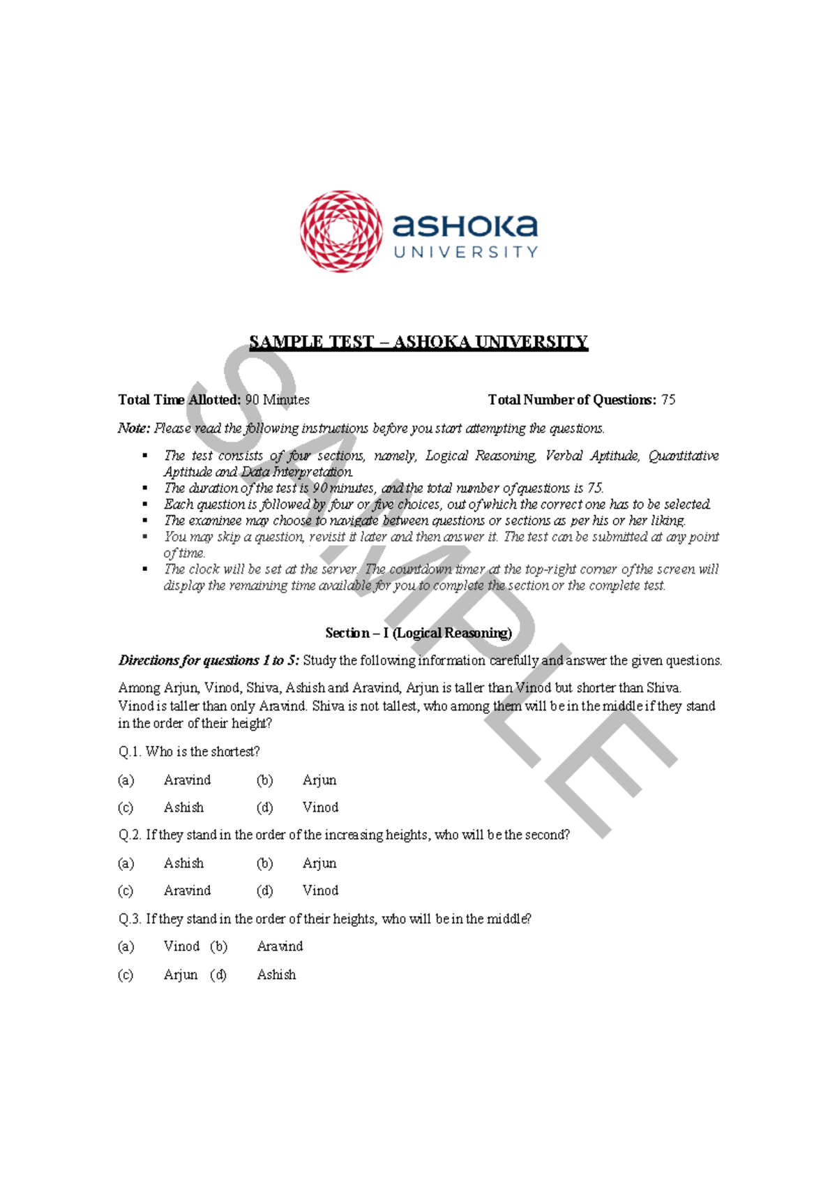 Ashoka Sample paper - SAMPLE SAMPLE TEST – ASHOKA UNIVERSITY Total Time ...
