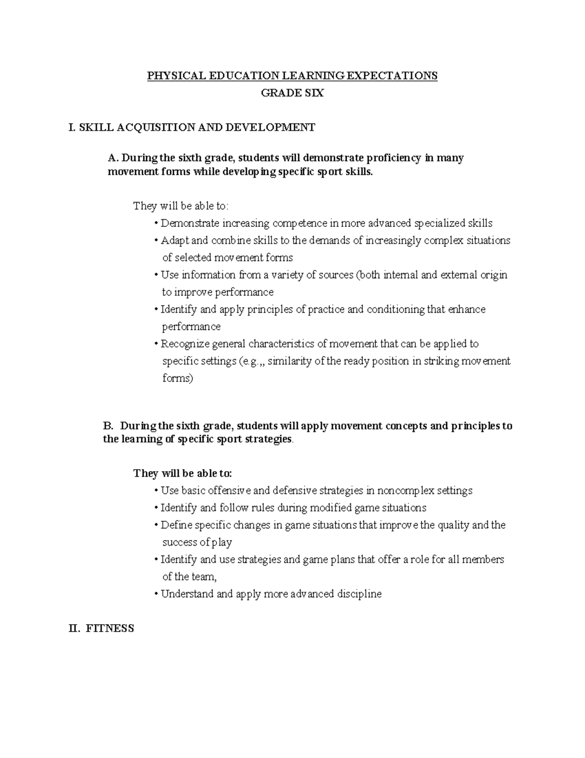 Physical Education Learning Outcomes - Grade 6 Curriculum Guide - Studocu
