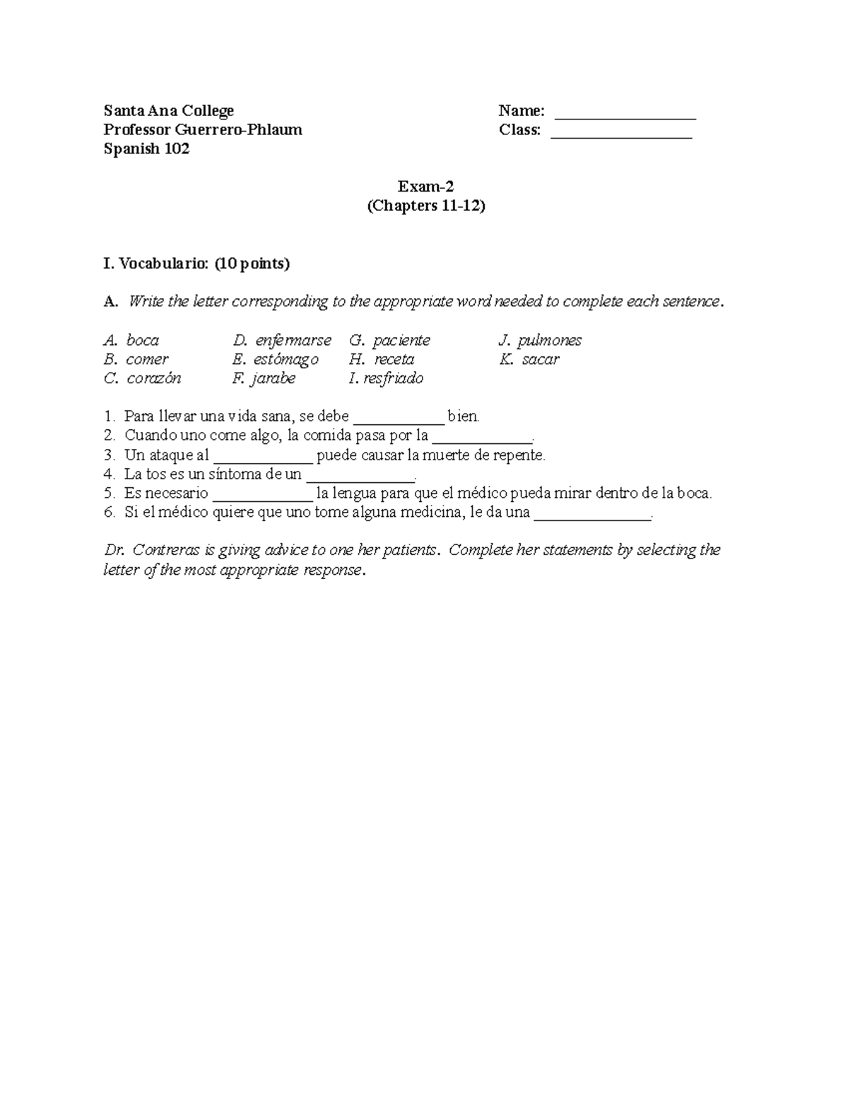 Spanish 102: Chapters 11-12 Exam Study Guide - Studocu