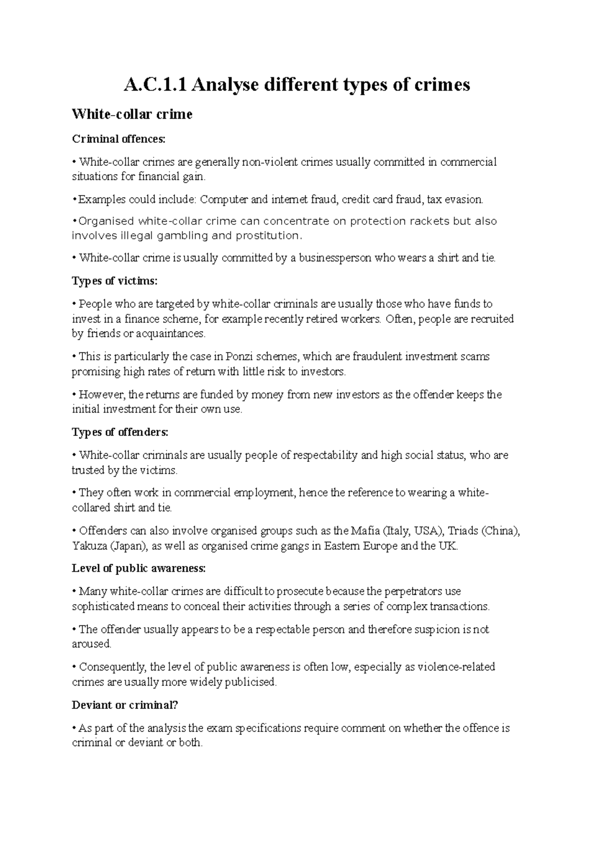 A.C 1 - Analysis of White-Collar Crimes and Their Impact - Studocu