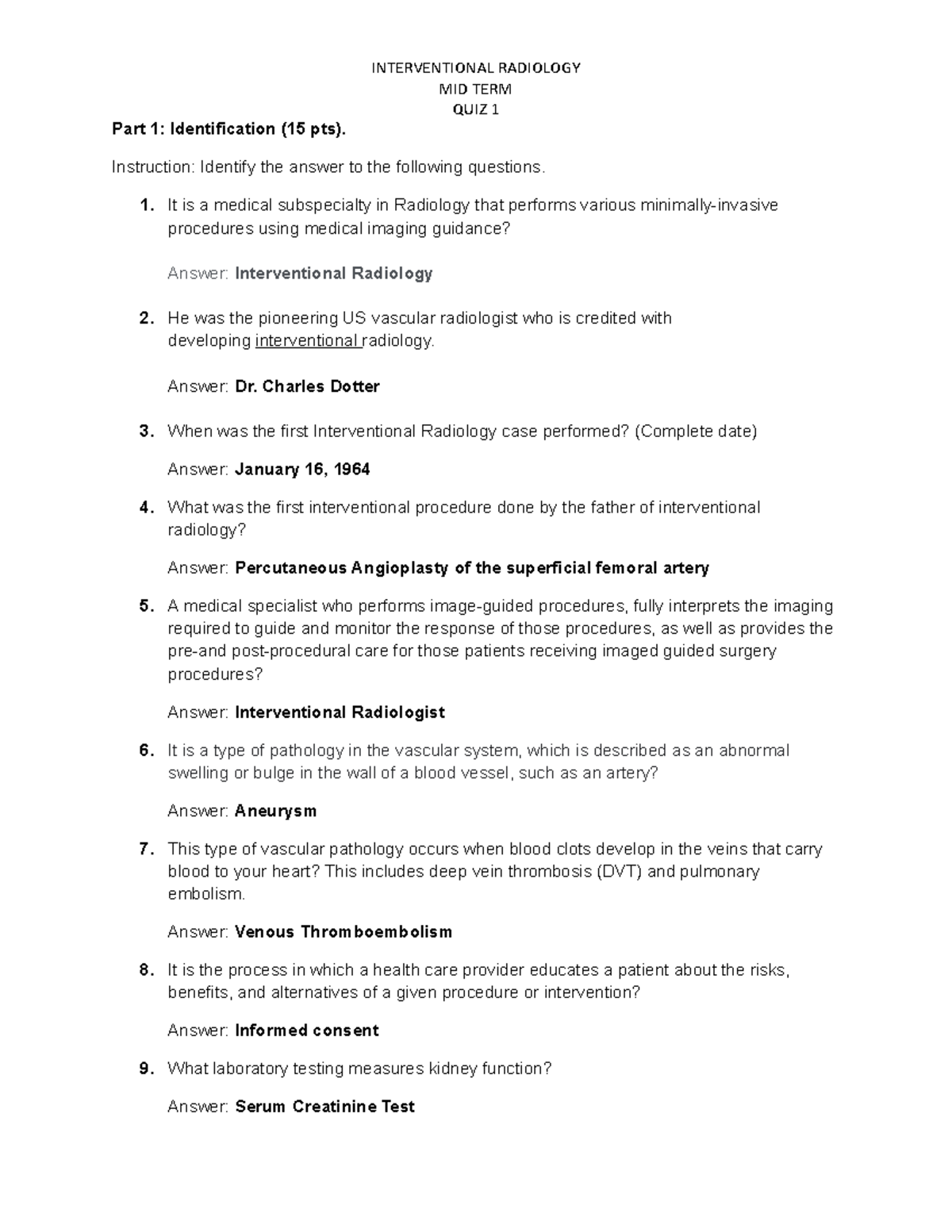 Midterm Quiz 1 on Interventional Radiology (IR) with Answer Key - Studocu