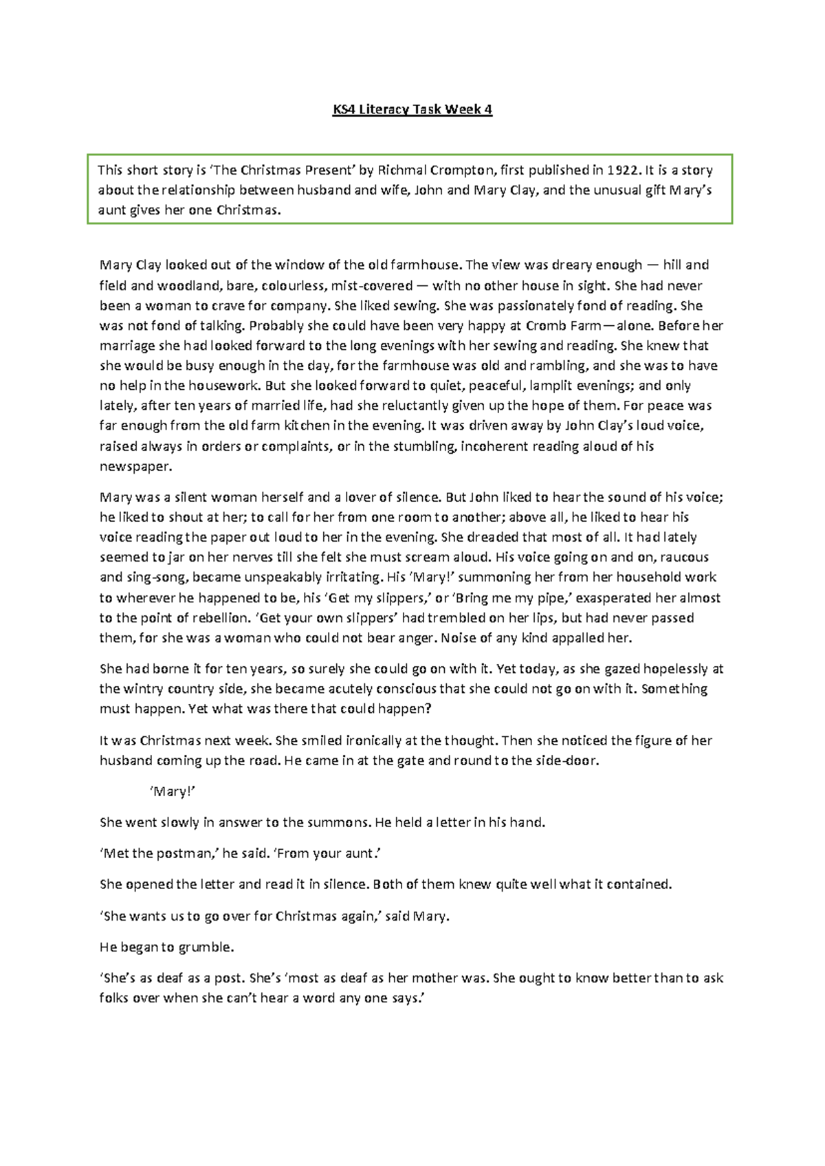 KS4 Literacy Task: Analyzing ‘The Christmas Present’ by Richmal ...