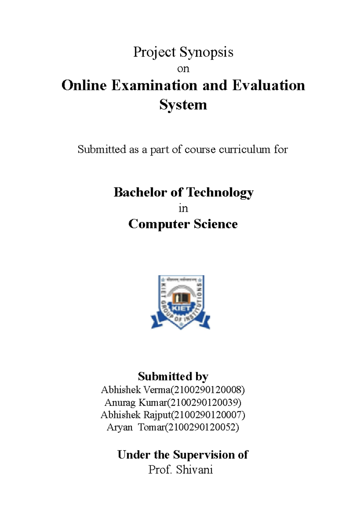 B.Tech Project Synopsis: Online Examination & Evaluation System - Studocu