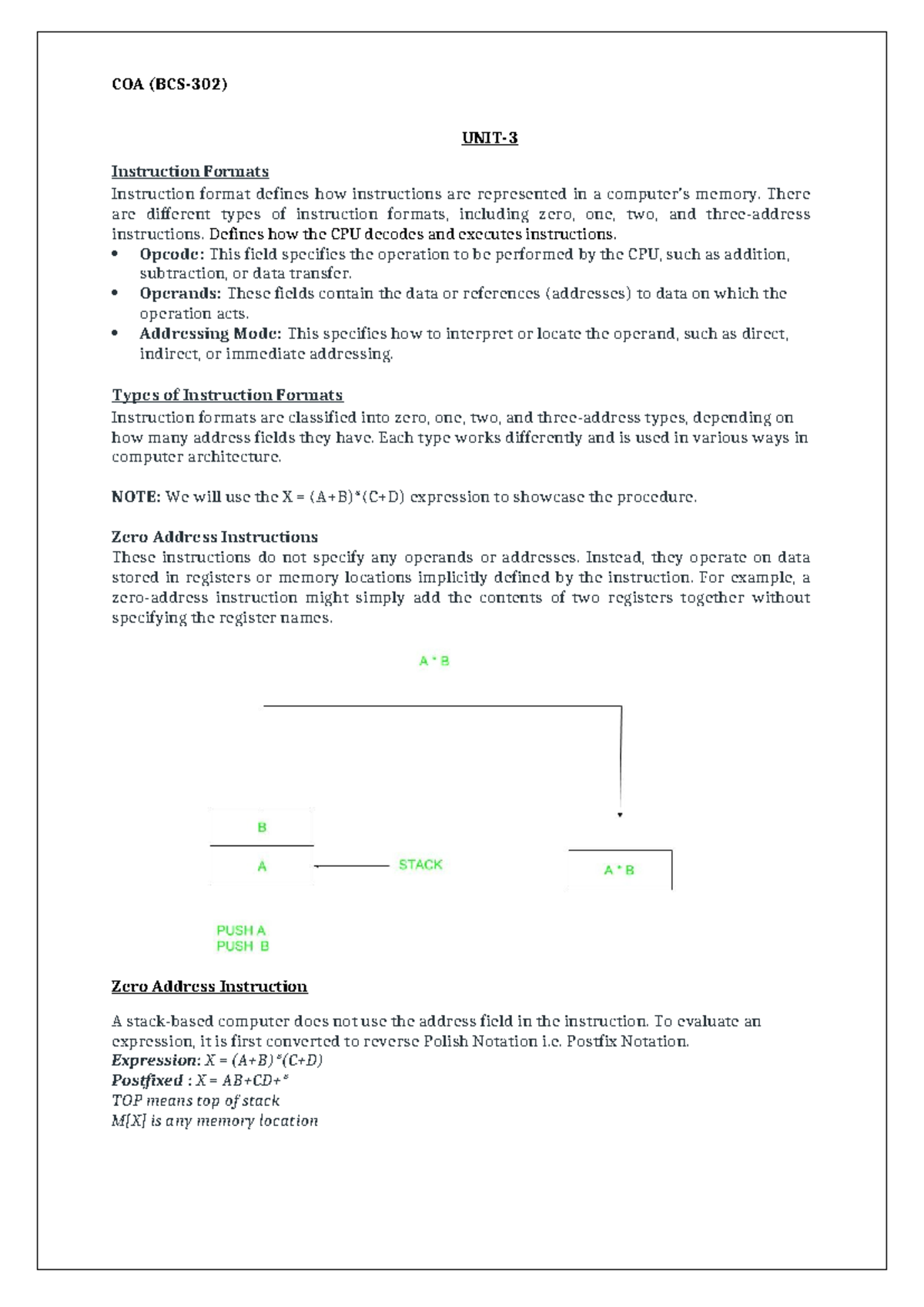 COA UNIT-3 Instruction Formats and CPU Organization Notes - Studocu