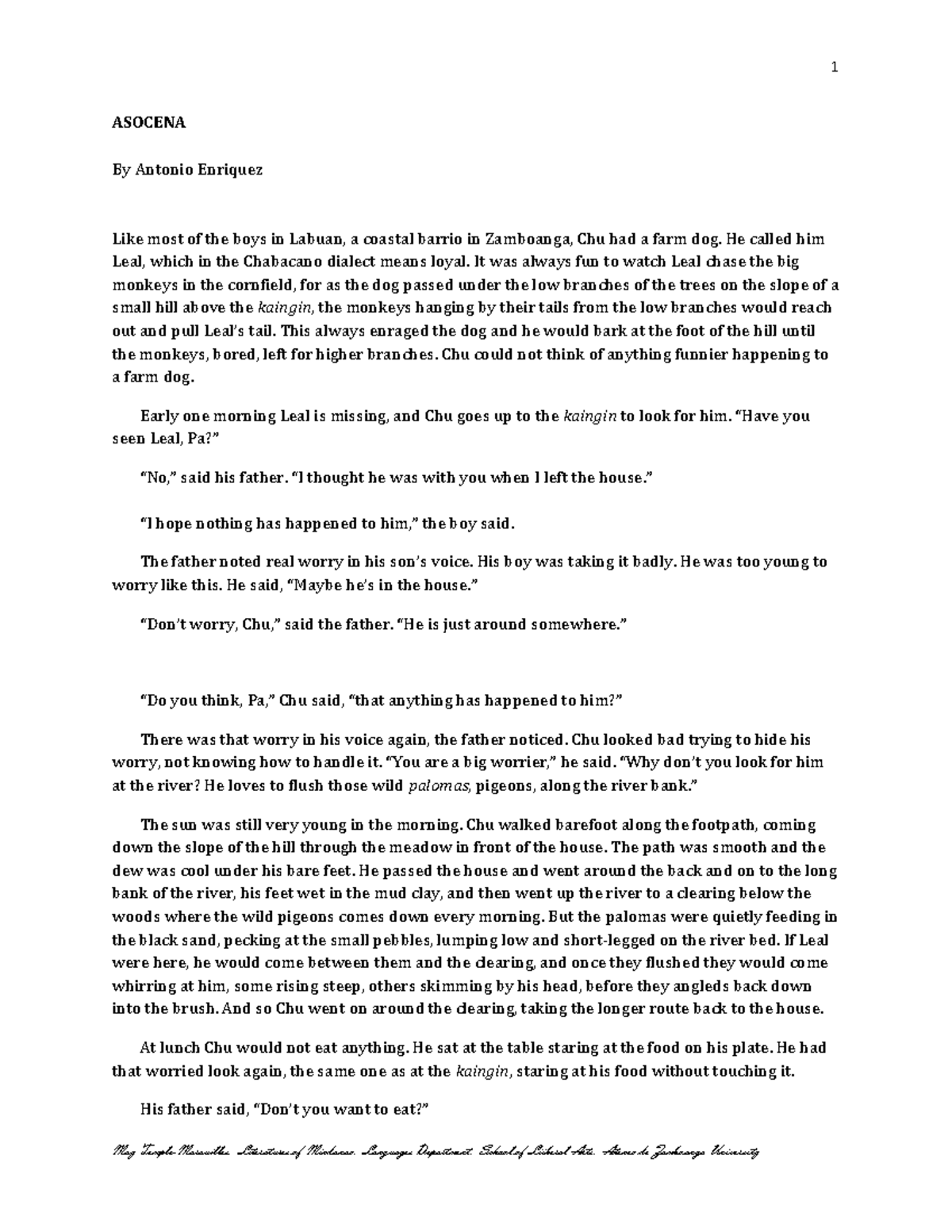 ASOCENA: A Summary of Antonio Enriquez's Story on Loyalty and Loss ...