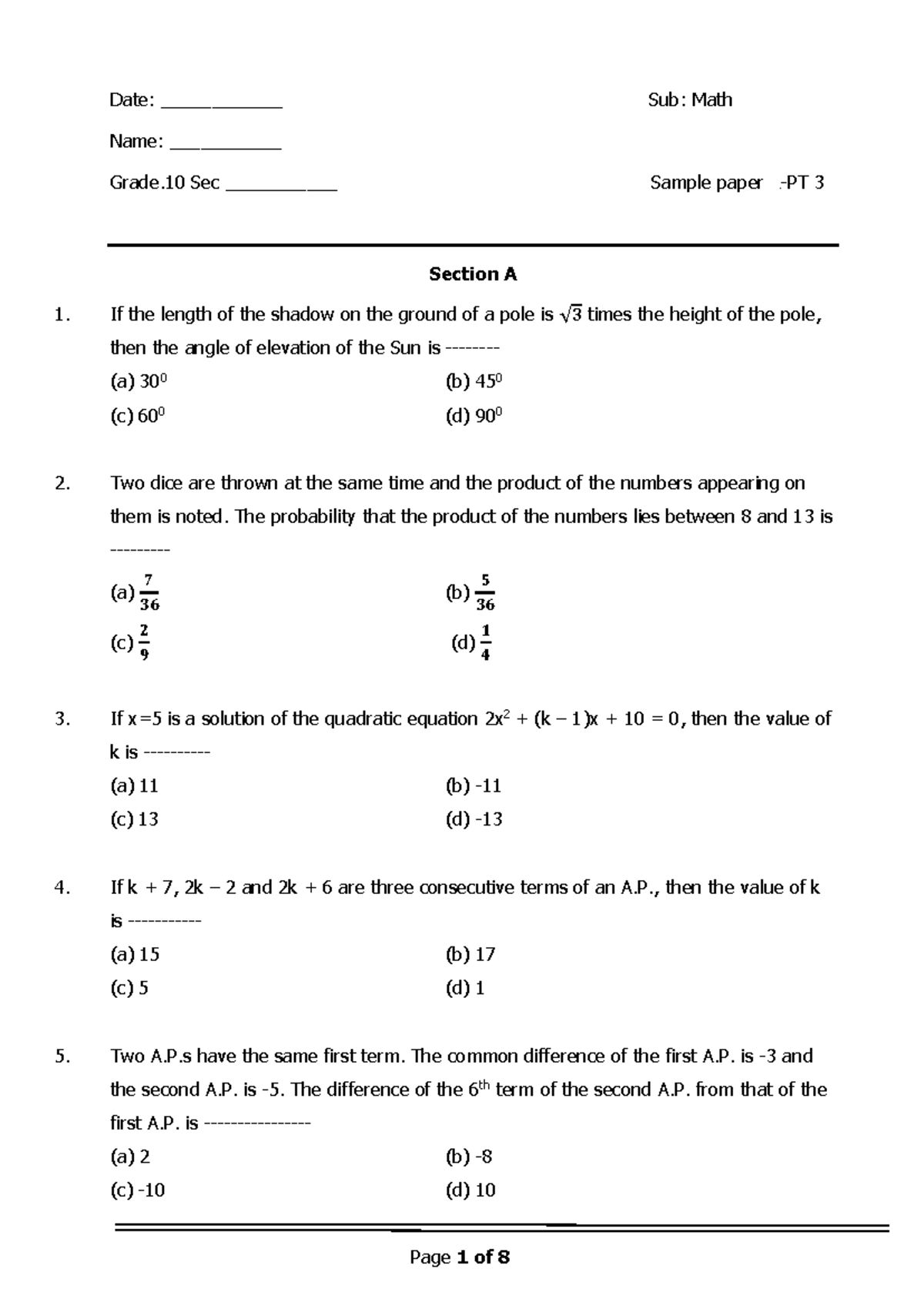 Grade 10 Math Sample Paper PT3: Comprehensive Practice Test - Studocu