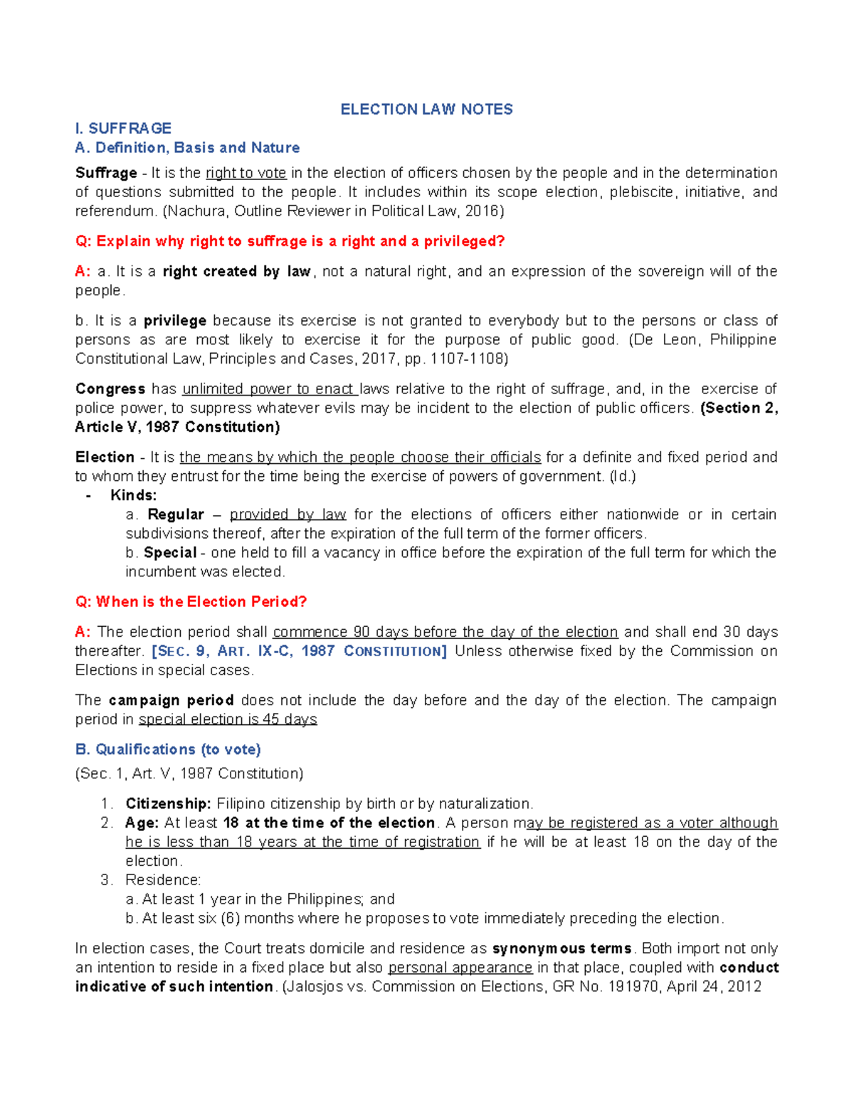 Election Law Lecture Notes (LAW 101) - Key Concepts and Cases - Studocu