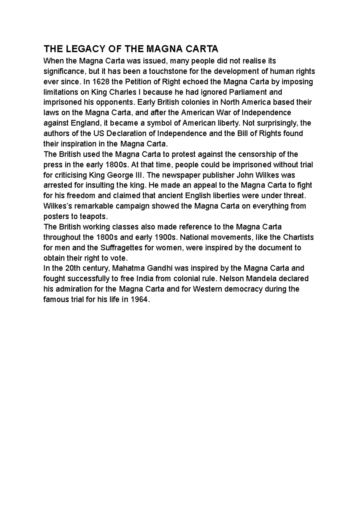 The Enduring Impact of the Magna Carta on Human Rights - Studocu