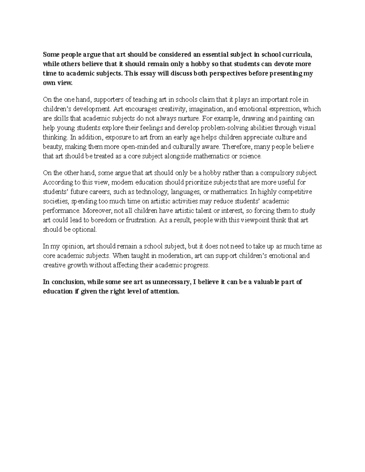 Writing Task 2 - Art in Education: Essential or Optional? - Studocu