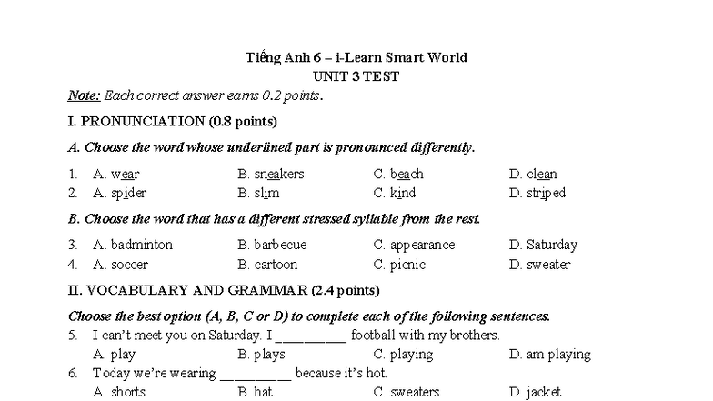 Tiếng Anh 6 Smart World - Unit 3 Test Review and Practice - Studocu