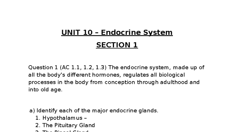UNIT 10 - Endocrine System Overview and Homeostasis Insights - Studocu