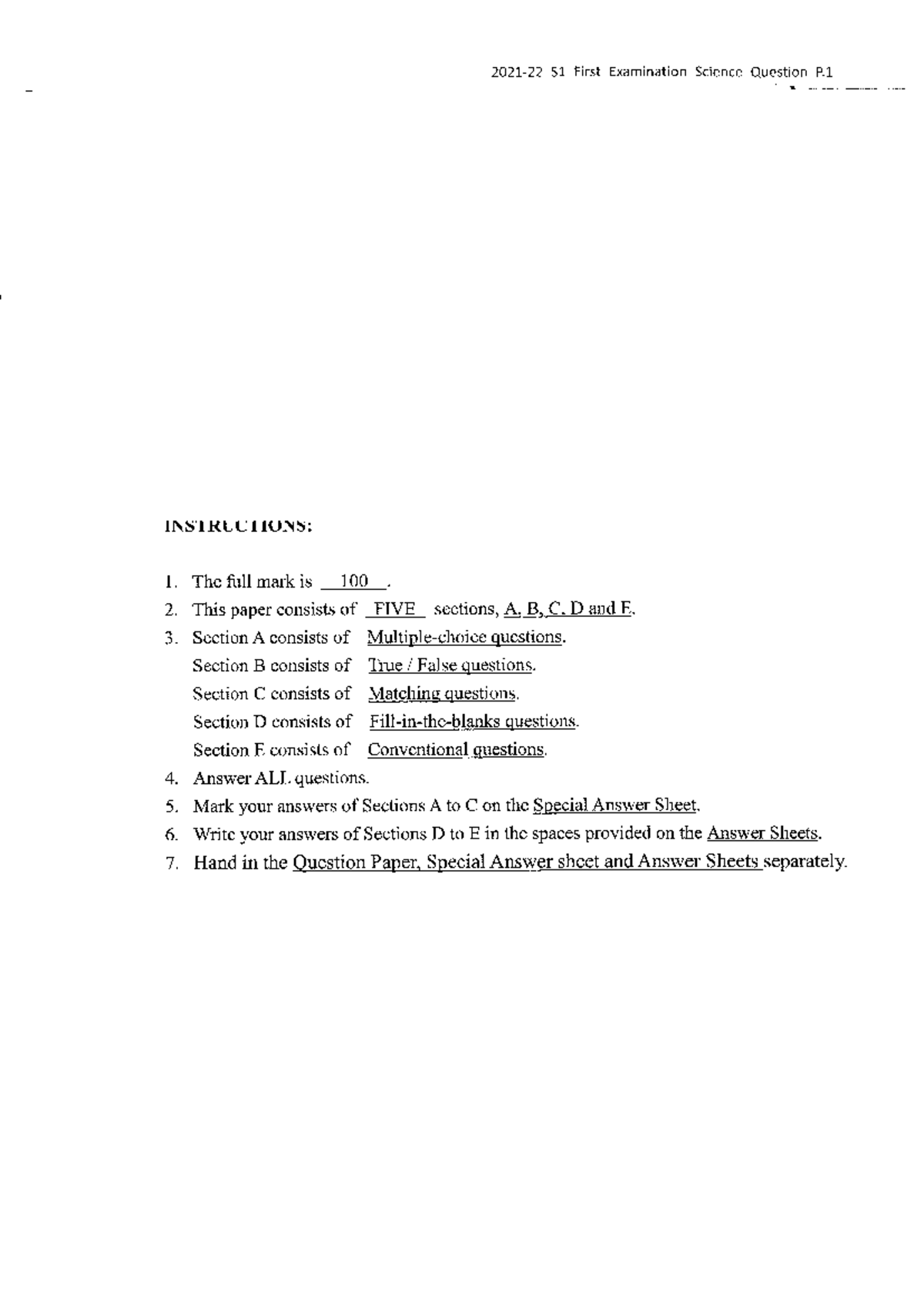 S1 Science Final Exam 2021-22 Question Paper with Answers - Studocu
