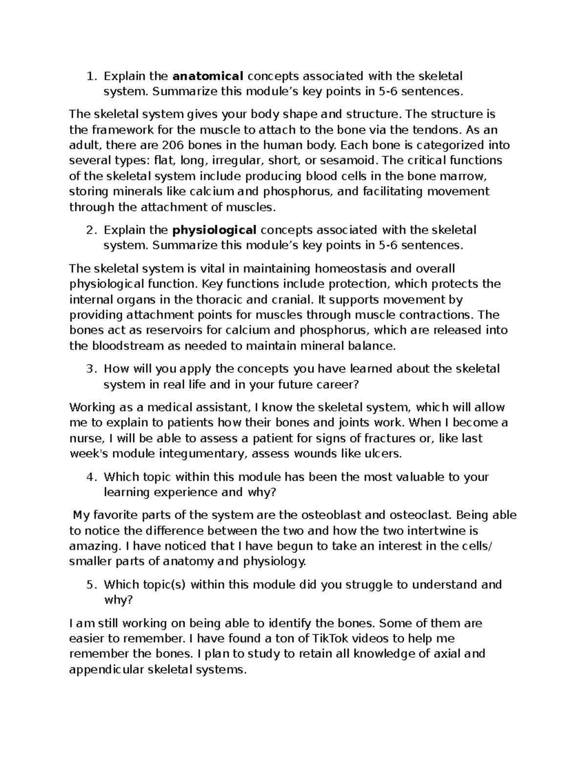 A&P 3 - Reflection on Skeletal System Concepts and Applications - Studocu