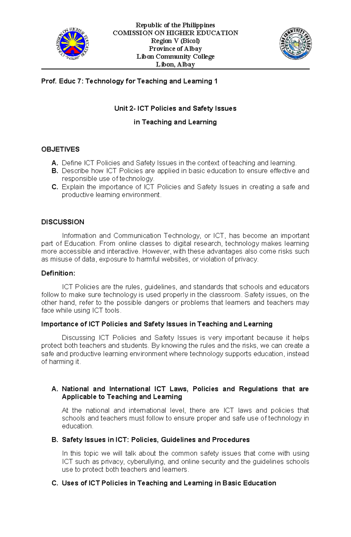 Prof. Educ 7: ICT Policies & Safety Issues in Teaching & Learning - Studocu