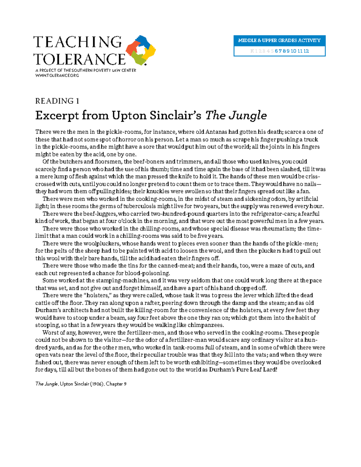 Conditions of Labor in Upton Sinclair's The Jungle - Excerpts from Ch ...