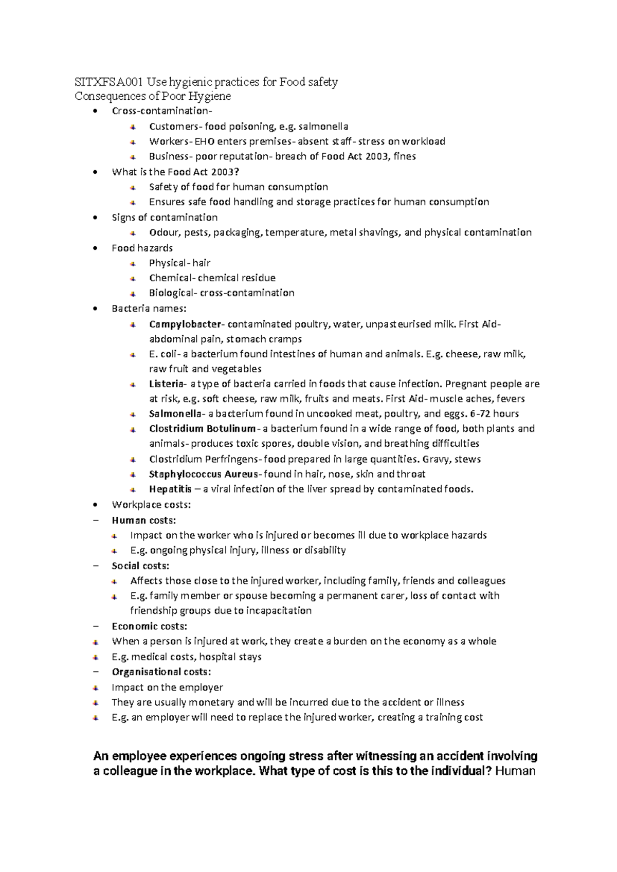 SITXFSA001 Hospitality Revision: Food Safety & Hygiene Practices - Studocu