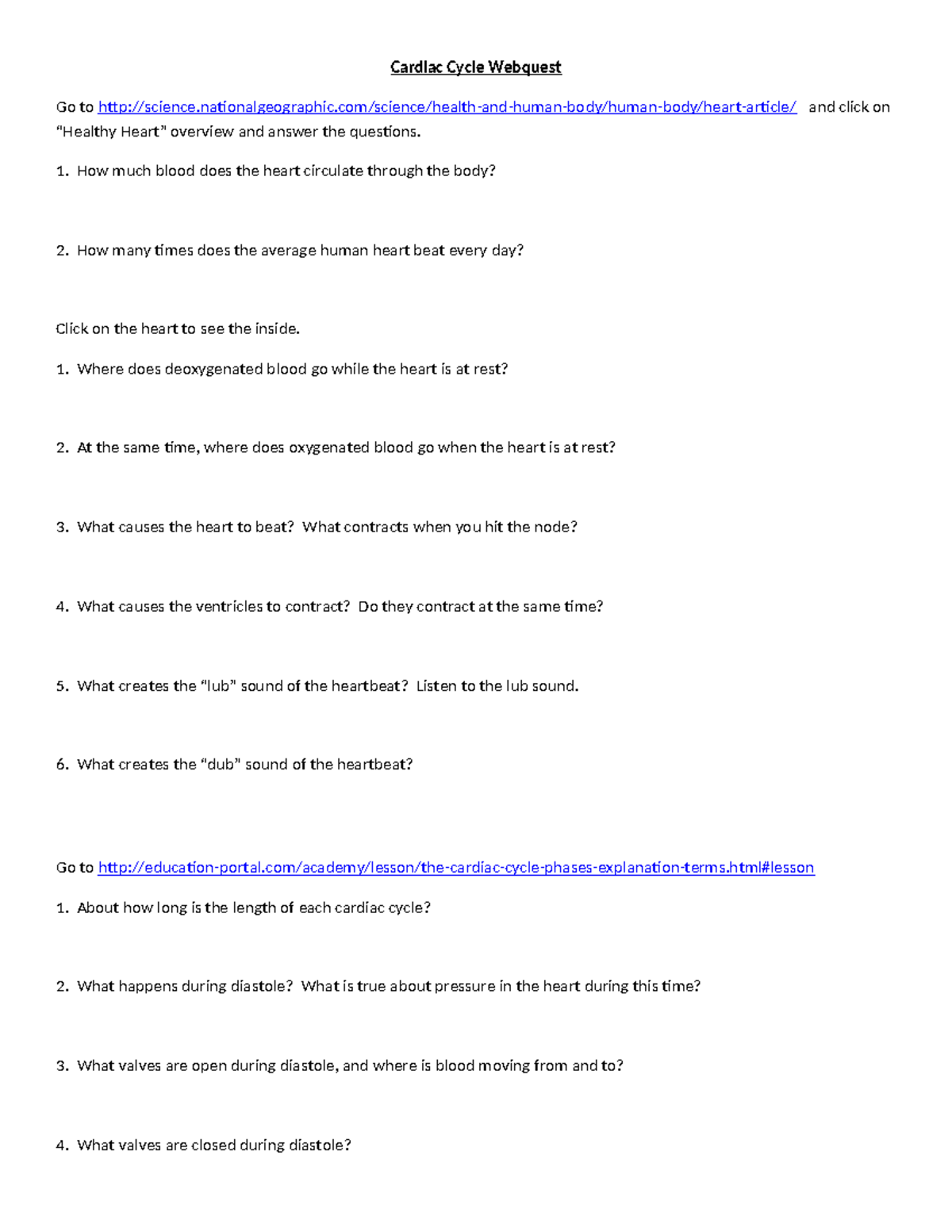 Cardiac Cycle Webquest: Exploring Heart Function and Phases - Studocu