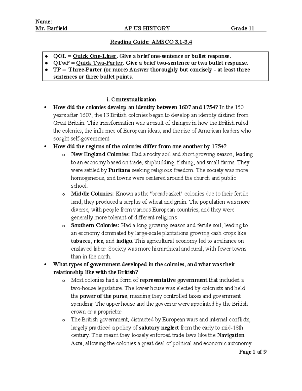 AP US History: Reading Guide on Colonial Identity & Taxation (3.1-3.4 ...