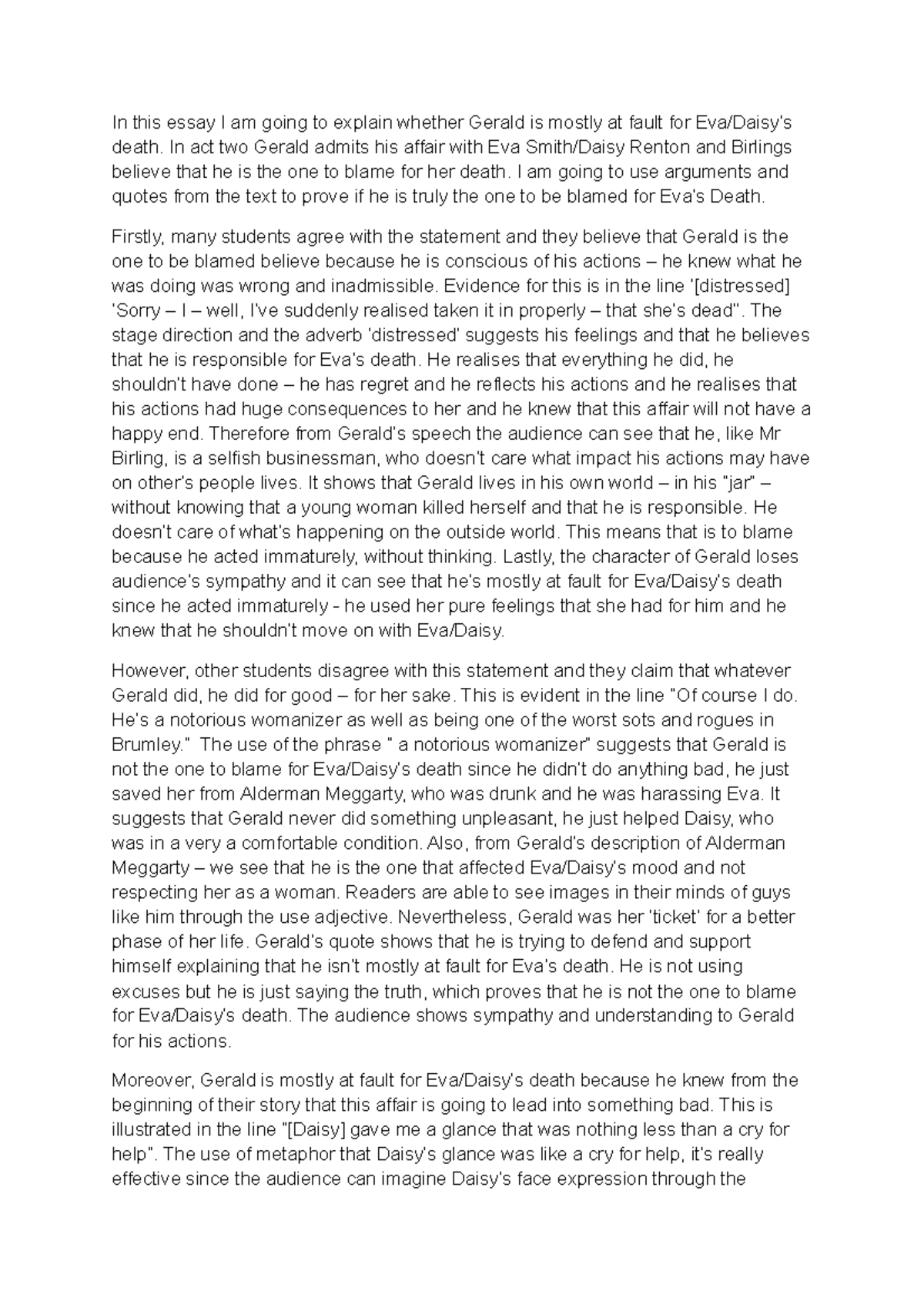 Gerald's Role in Eva/Daisy's Death: Analyzing Blame in AIC Essay - Studocu