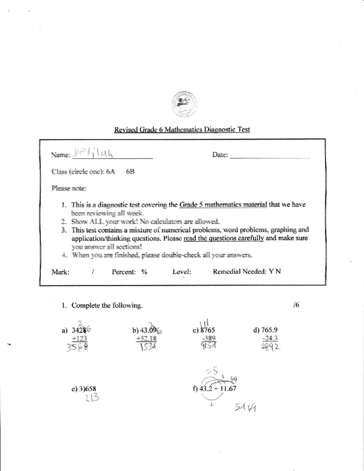 COUNDATION Grade 6 Math Diagnostic Test - Revised Edition - Studocu