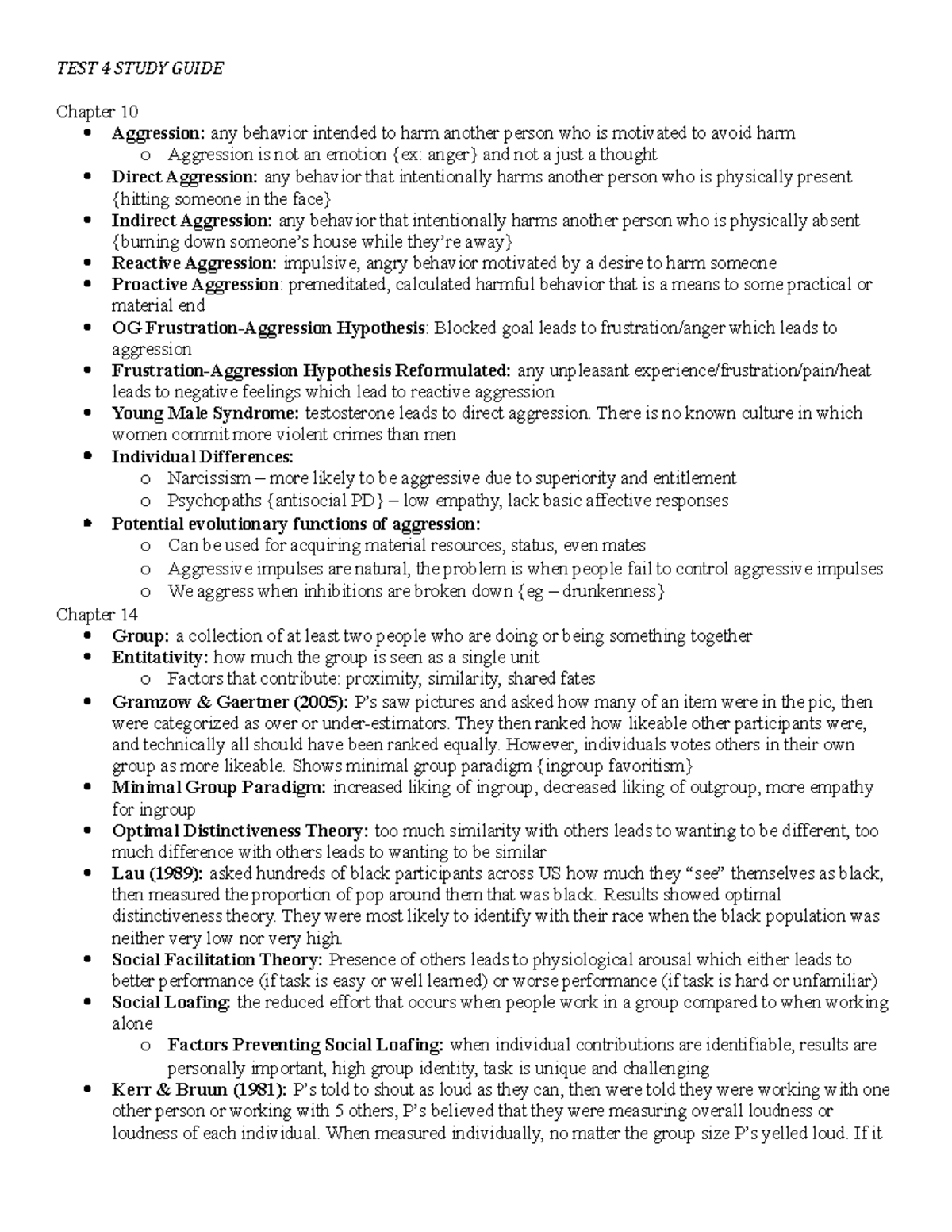 Social Psych 101 Exam 4 Study Guide: Aggression & Group Dynamics - Studocu