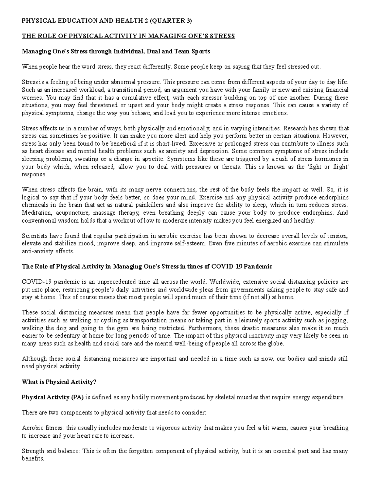 PEH 2 Managing Stress Through Physical Activity: Compiled Notes - Studocu