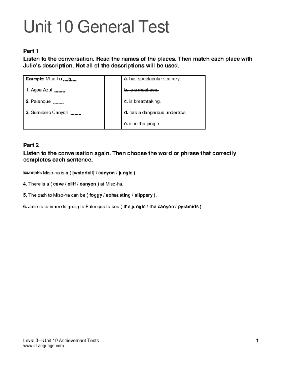 TN3 Unit 10 General Test: Listening, Vocabulary, and Speaking ...