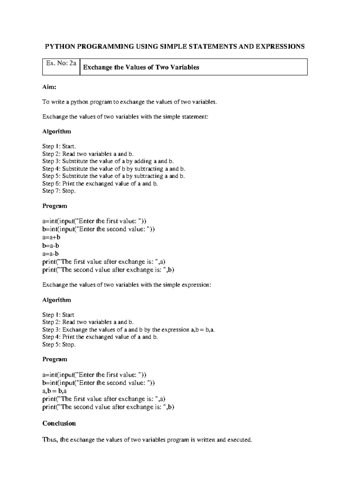 PYTHON PROGRAMMING: Ex. No 2 - Value Exchange & Circulation - Studocu