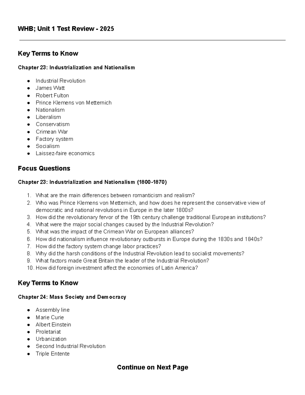 WHB; Unit 1 Test Review: Industrialization & Nationalism Insights - Studocu