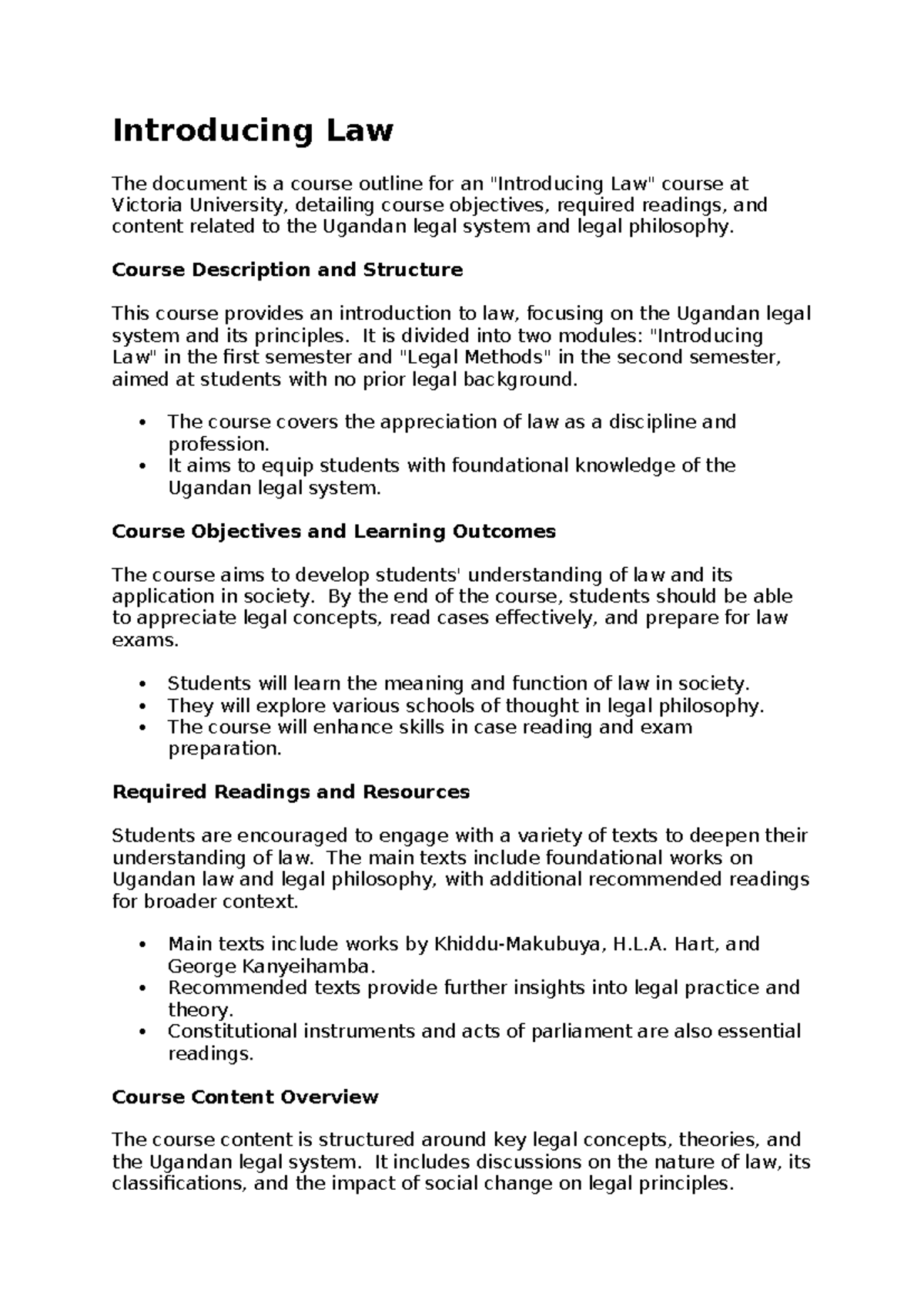 Introducing Law: Course Outline for UGAN 101 - Victoria University - Studocu