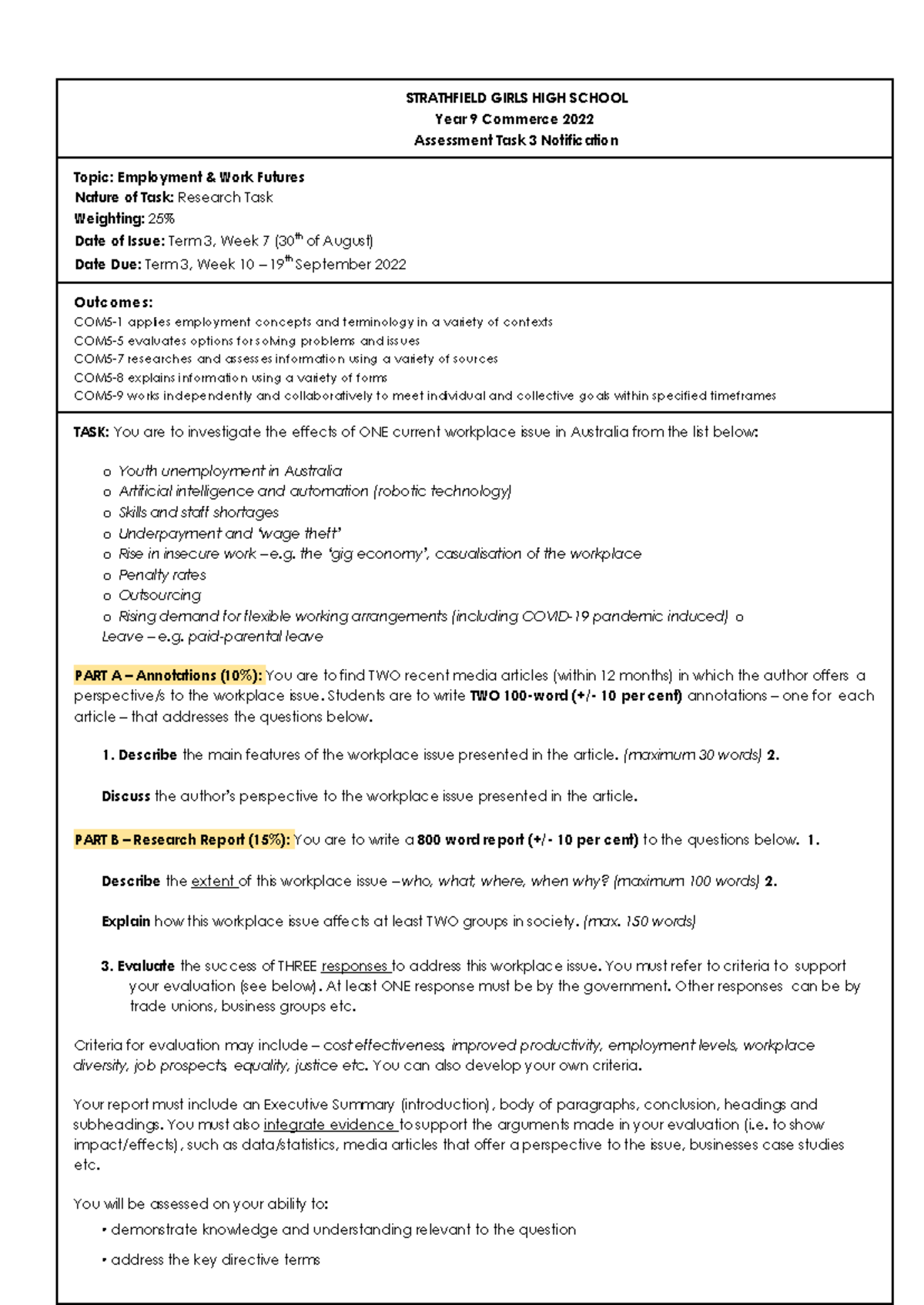 9COM3 Year 9 Commerce Assessment Task 3: Employment Work Futures - Studocu