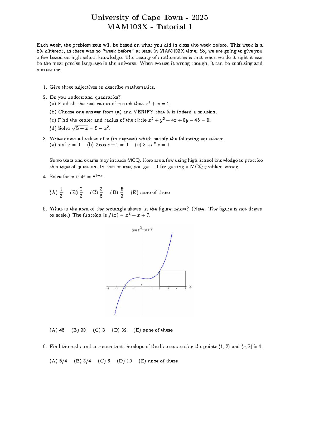 MAM103X Tutorial 1: Exploring Quadratics and Functions - Studocu