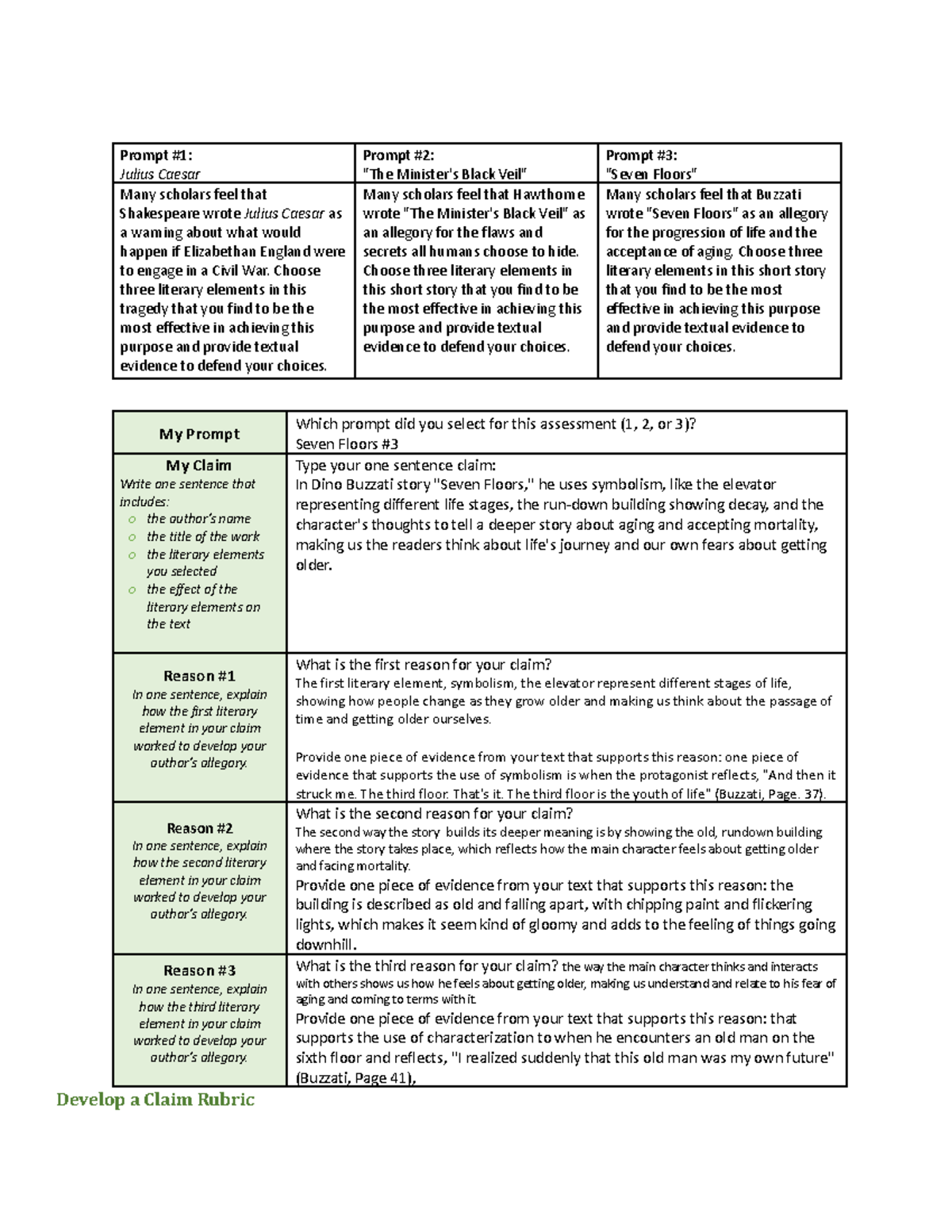 Develop a claim assess rubric - Prompt #1: Julius Caesar Prompt #2 ...